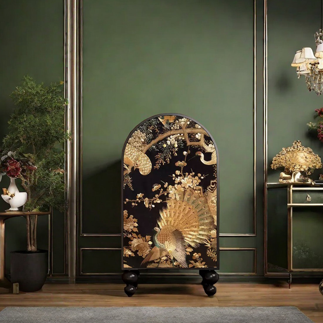 Vivid Space Creation Peacock design adorns the drawer accent chest ...