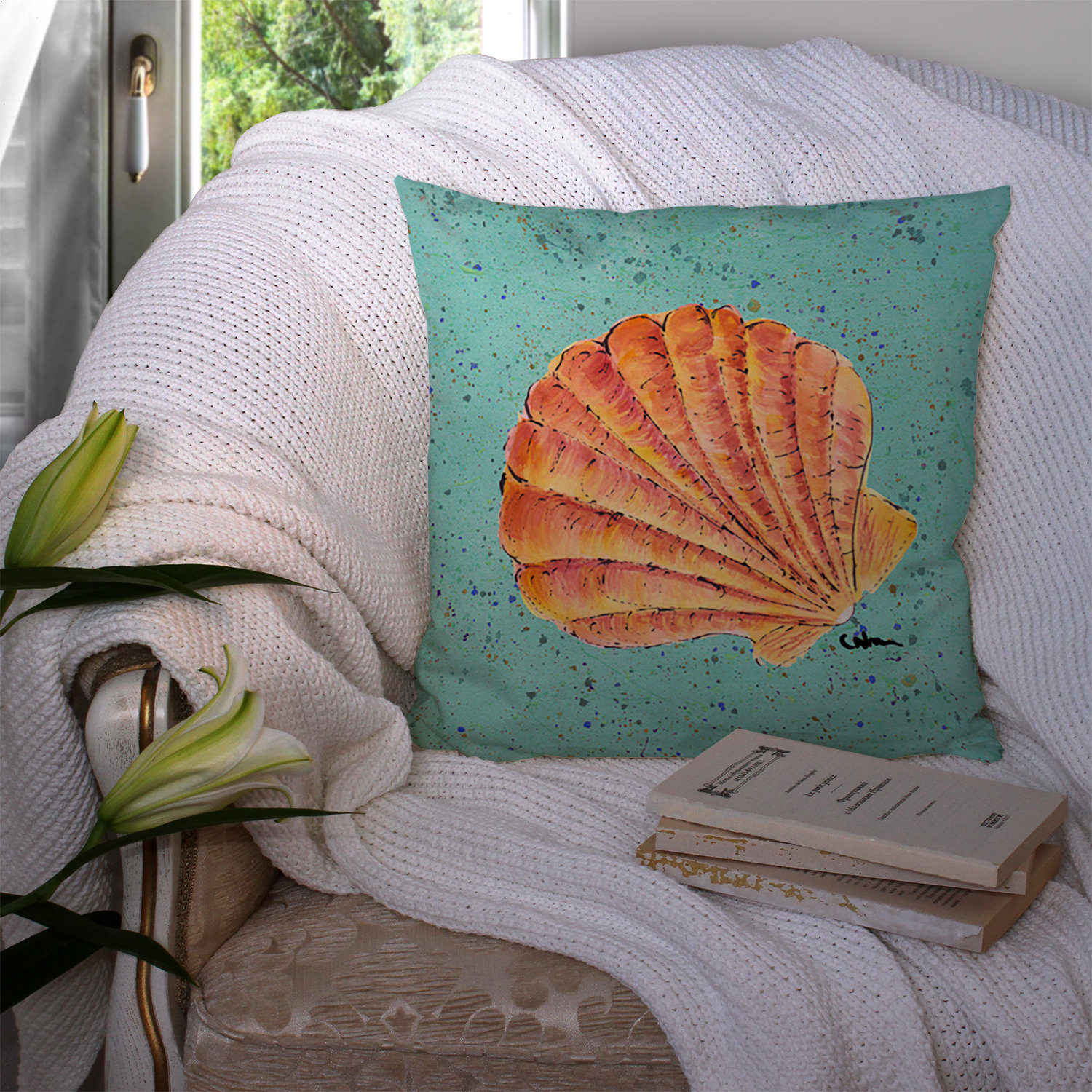 Caroline's Treasures Shells Green/Orange Indoor/Outdoor Throw Pillow ...