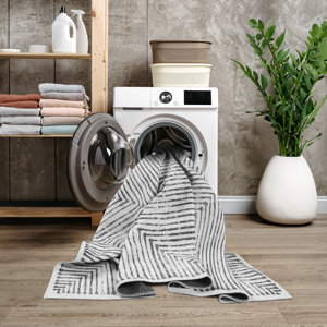 Ebern Designs Washable Non-Slip Modern Rug - Ivory / Black - Entryway ...