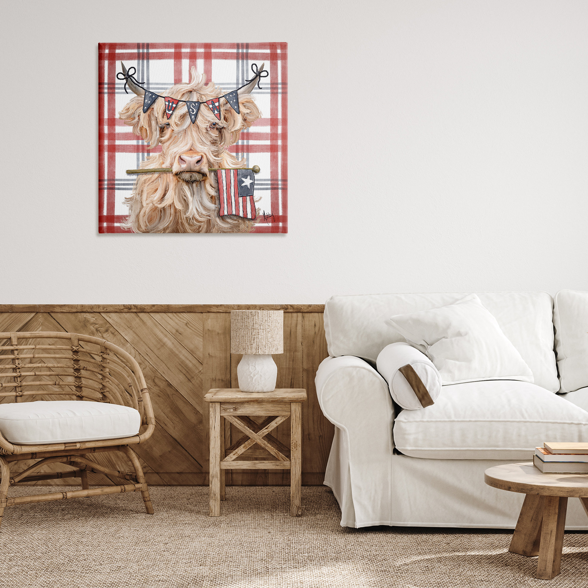 Ebern Designs USA Plaid Highland Cattle Canvas, design by Ashley ...