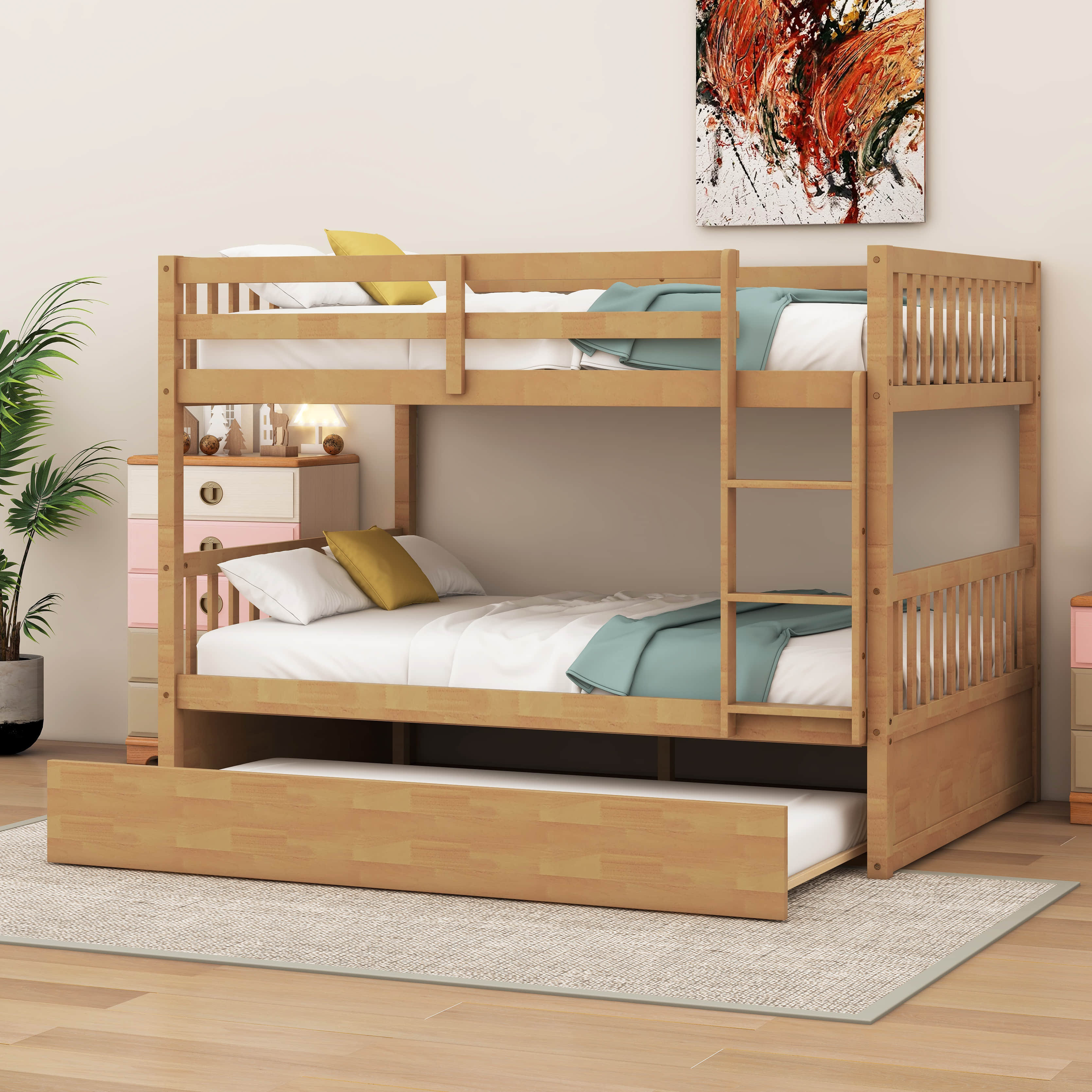 Harriet Bee Full Over Full Rubber Wood Bunk Bed With Trundle, Ladder ...