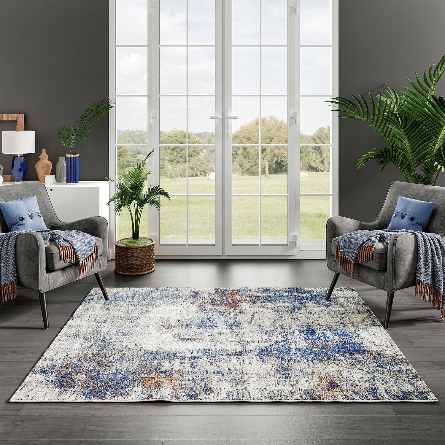 17 Stories Abstract Cream/Blue/Gray Area Rug | Wayfair