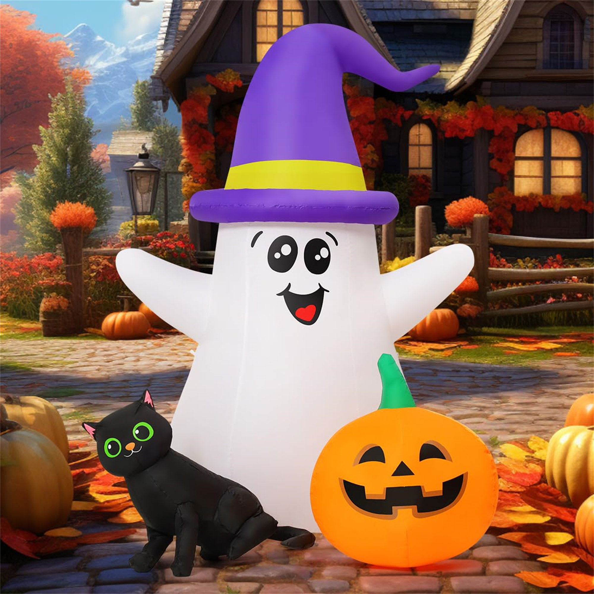 The Holiday Aisle® 5 FT Halloween Inflatable Wizard Ghost with Cat ...