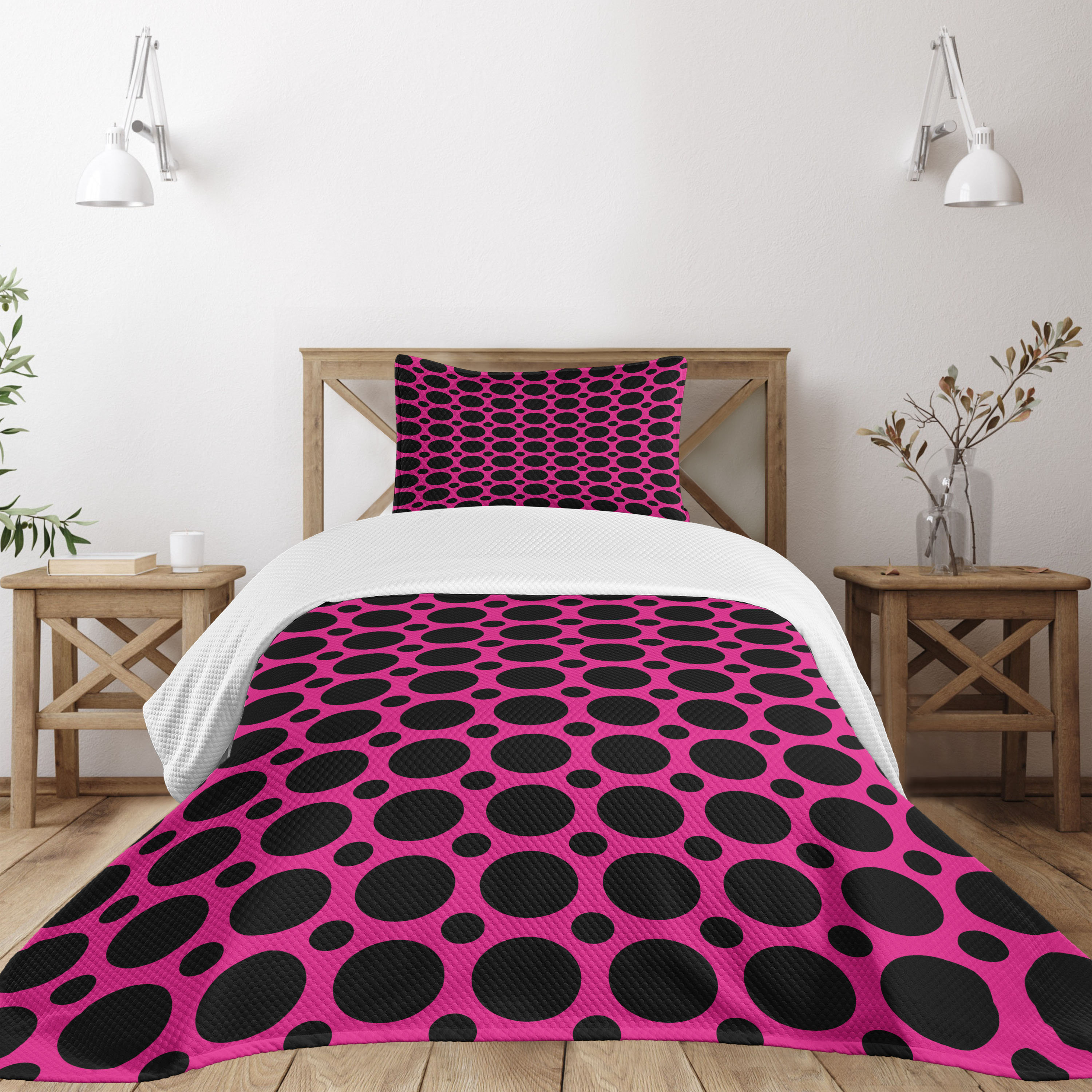 Ambesonne Hot Pink Bedspread Symmetric Spots Retro Hot Pink Black | Wayfair