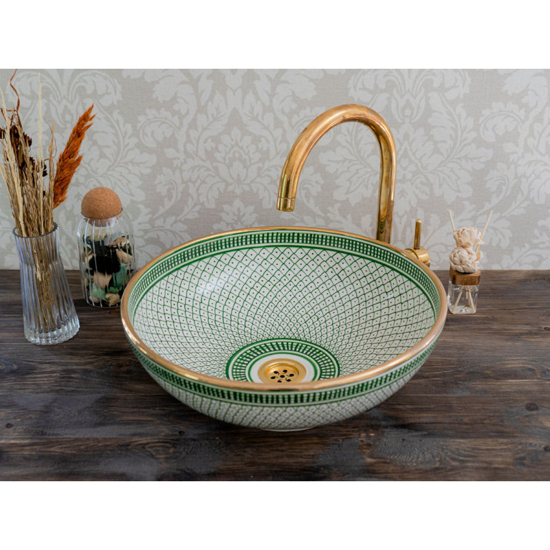 CUSTOmosaic Round Ceramic Bathroom Vessel Sink with Brass Rim Handmade ...