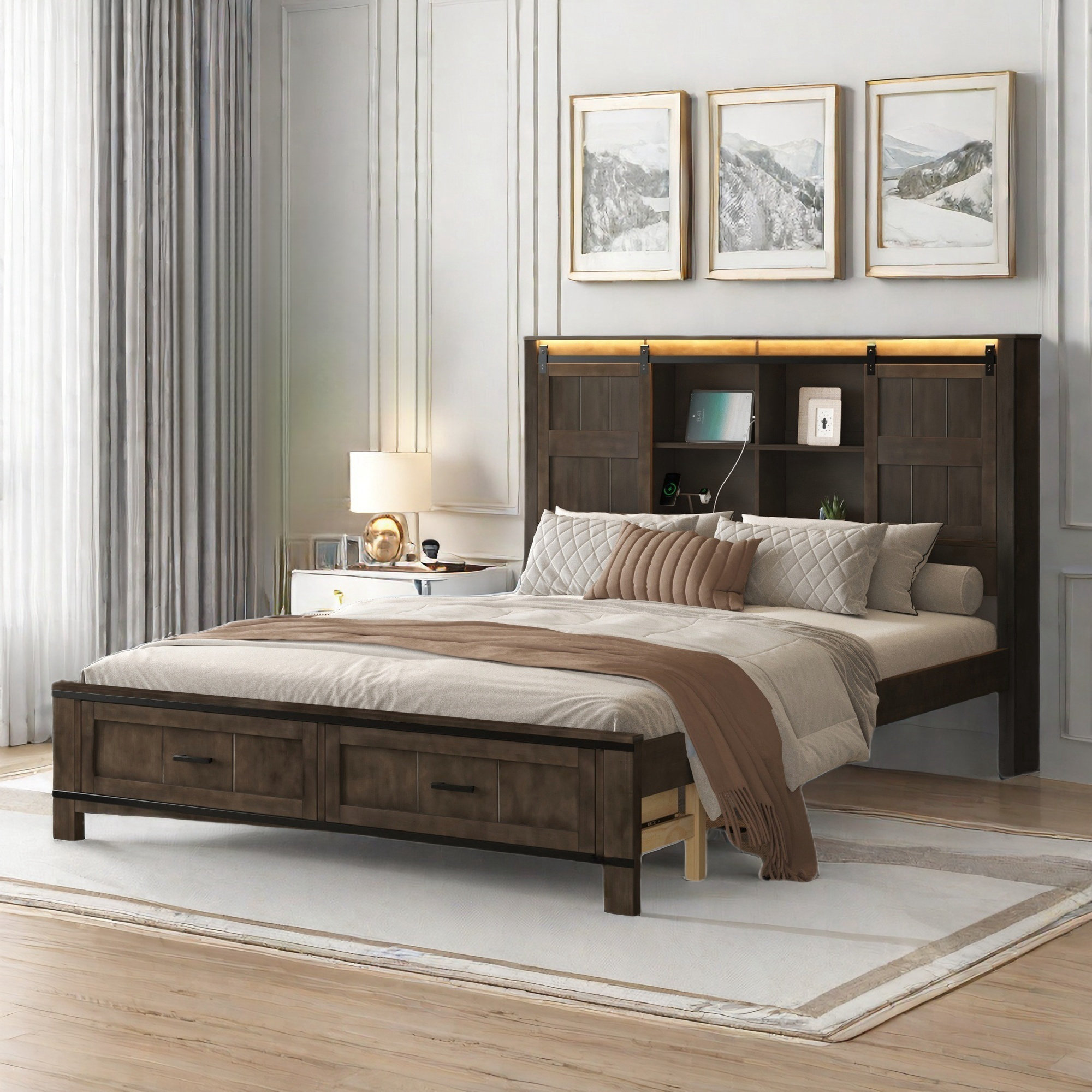 RADIANT DECOR Farmhouse Platform Bed With Storage Headboard And Barn ...