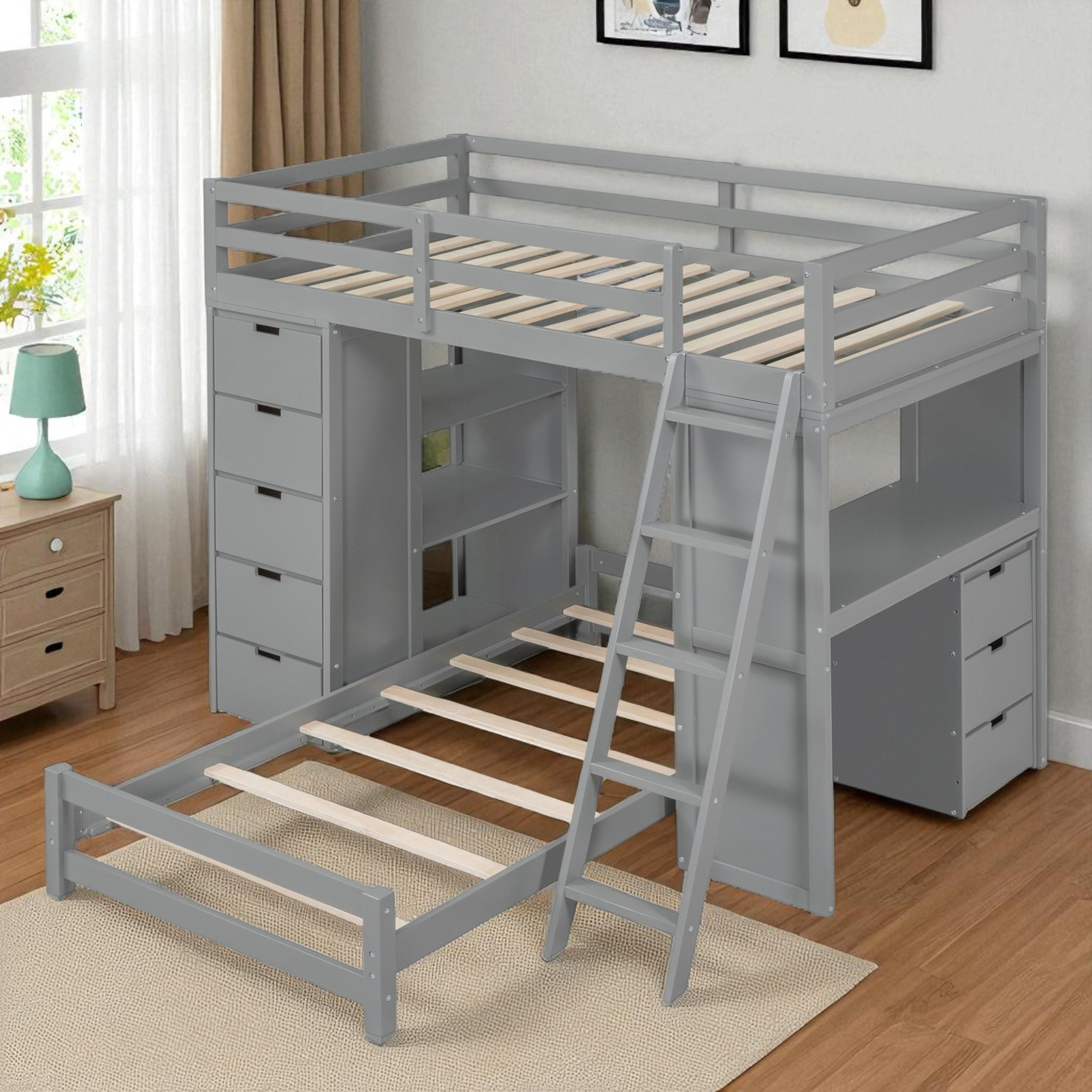 George Oliver L - Shape Twin Over Twin Bunk Bed With Built-In Desk And ...