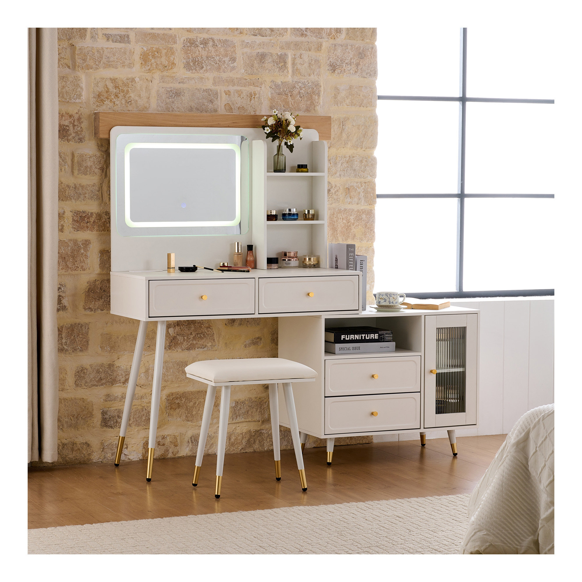 Ivy Bronx Modern Makeup Vanity Desk With Mirror And Lights, Retractable ...