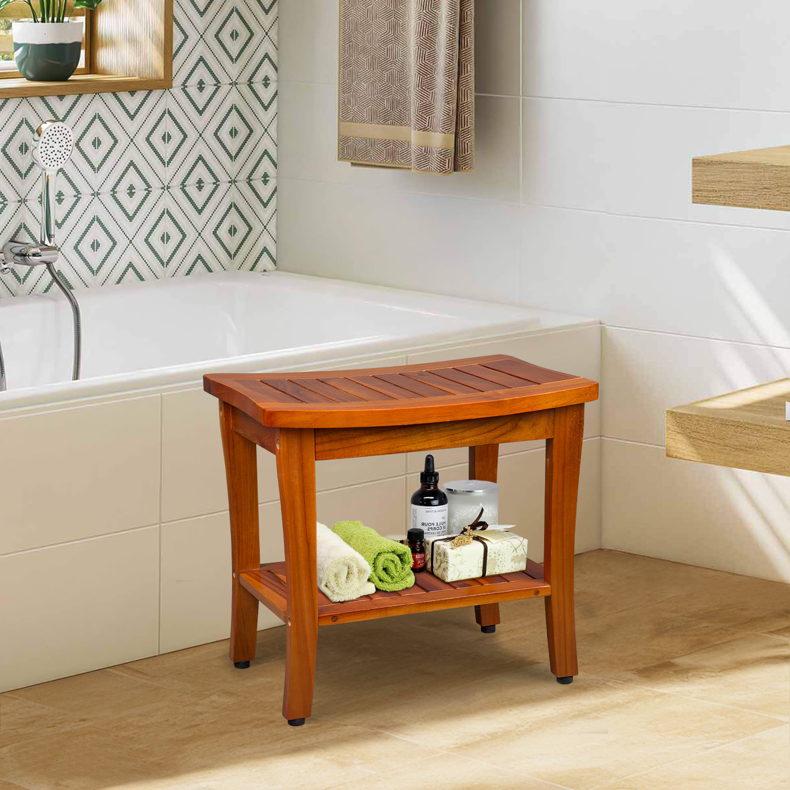 Lark Manor Antarious 20.1'' W Teak Shower Bench with Storage Shelf for ...