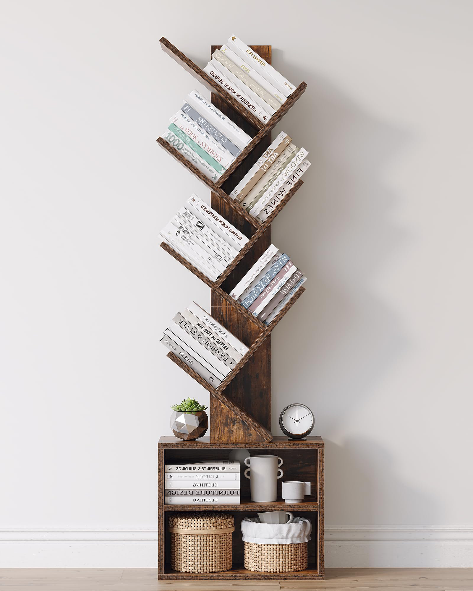 Ivy Bronx 6-Layer Tree-Shaped Bookshelf With Storage Cabinet Modern ...