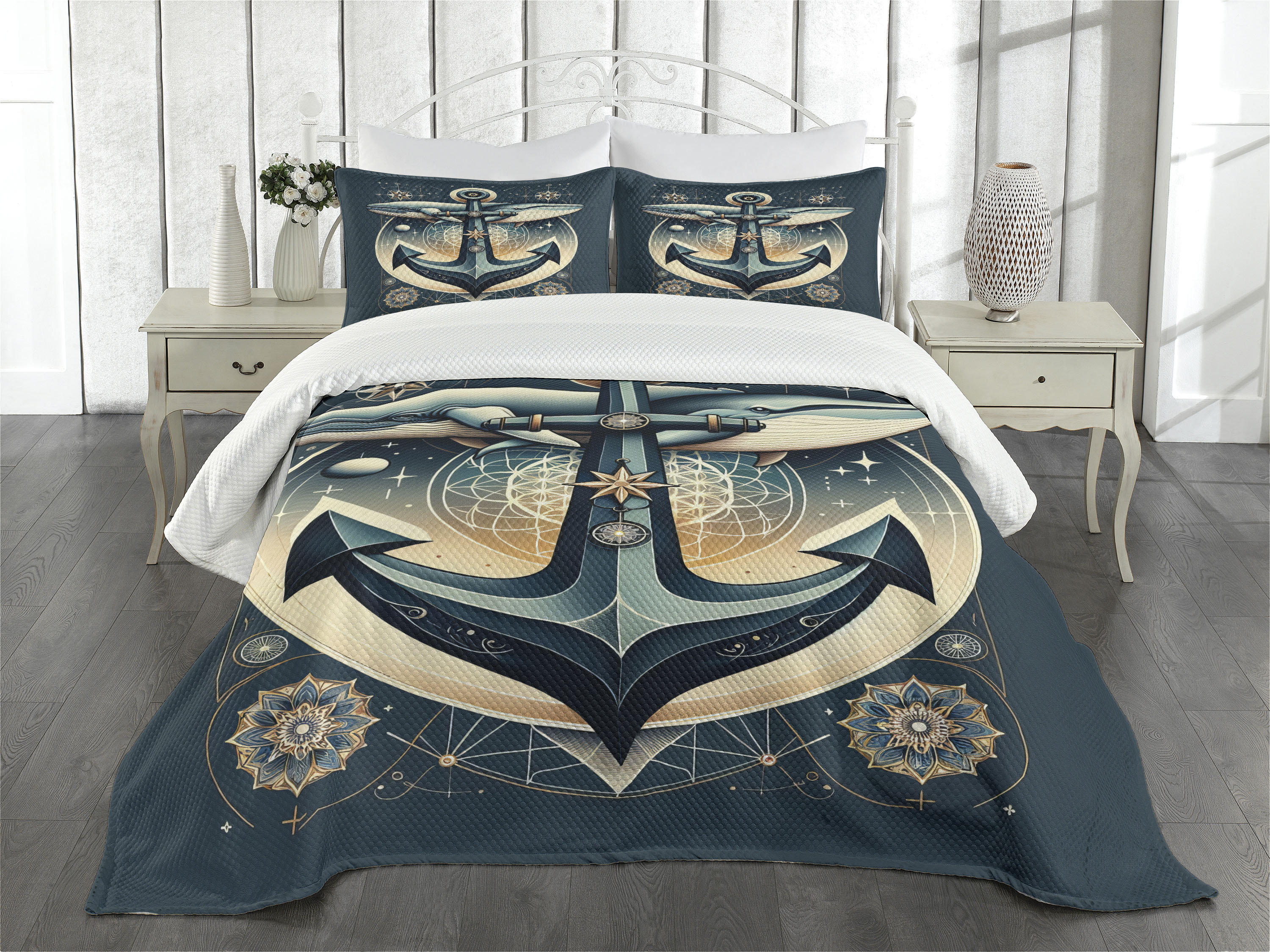 Ambesonne Nautical Bedspread Anchor with Whales Compass 429469 | Wayfair