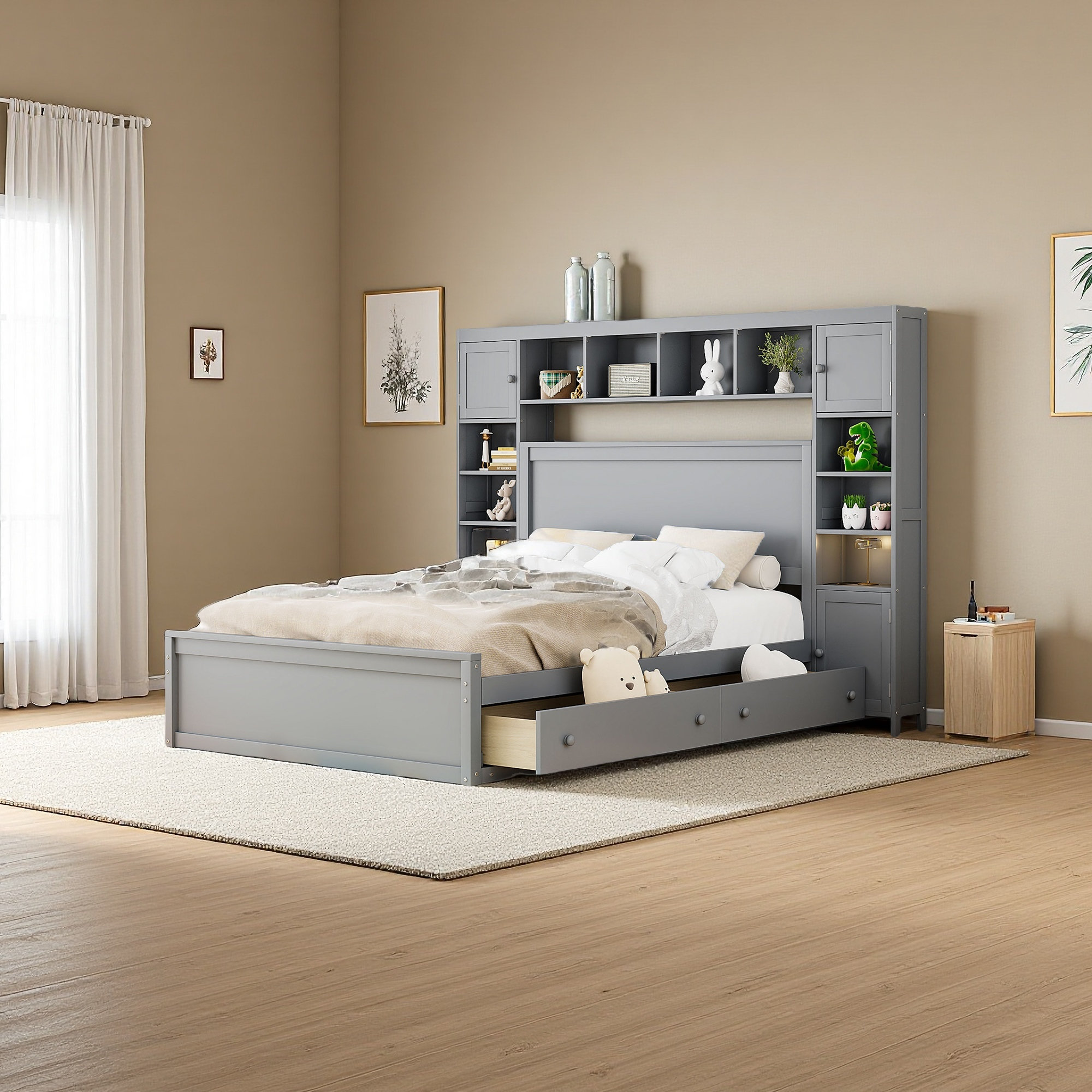 FAR AND NEAR Wooden Bed With All-In-One Cabinet, Shelf And Sockets ...