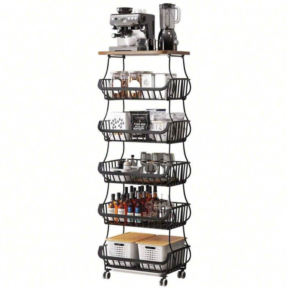Winston Porter 6 Tier Fruit Vegetable Basket For Kitchen With Wooden ...