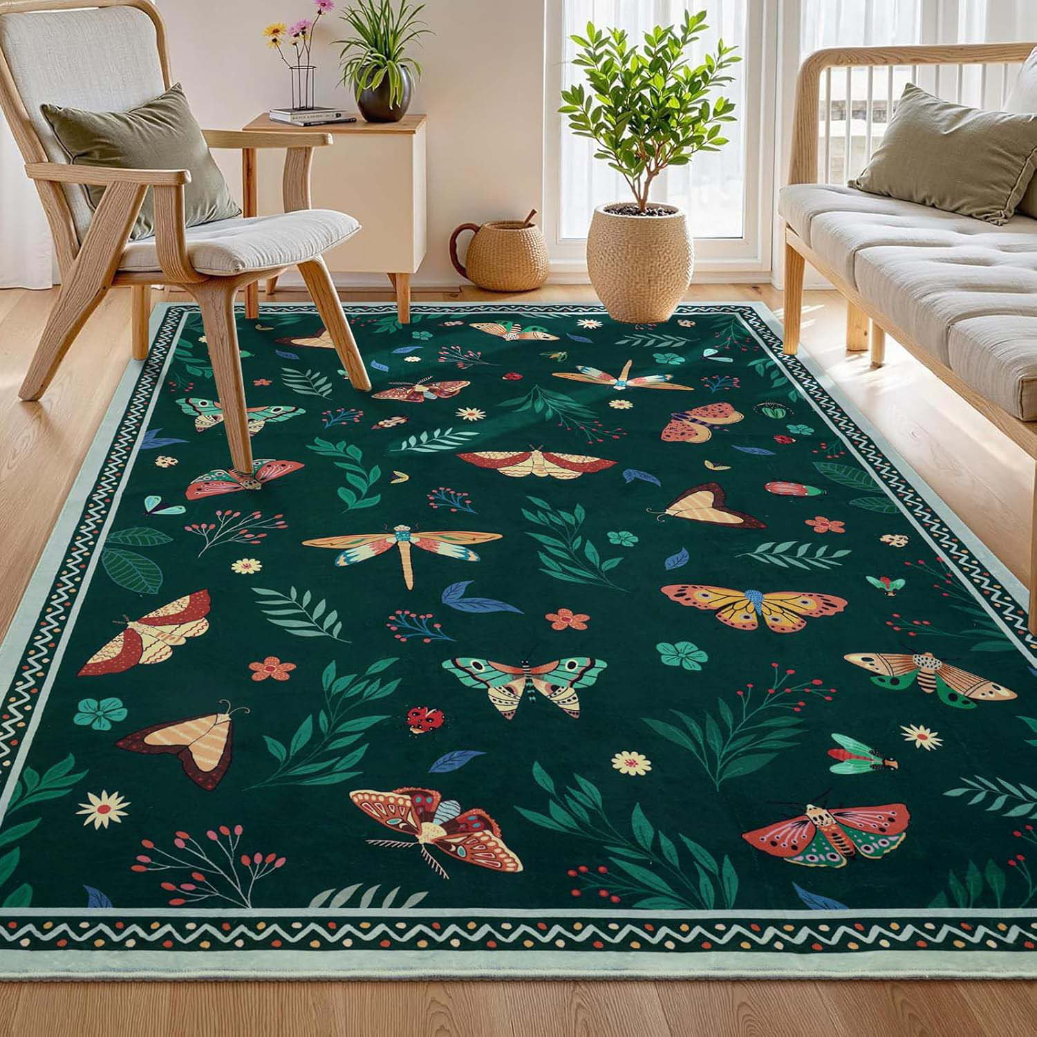 Gracie Oaks Insect Area Rug 5X7, Dark Green Bedroom Rug Non Slip ...