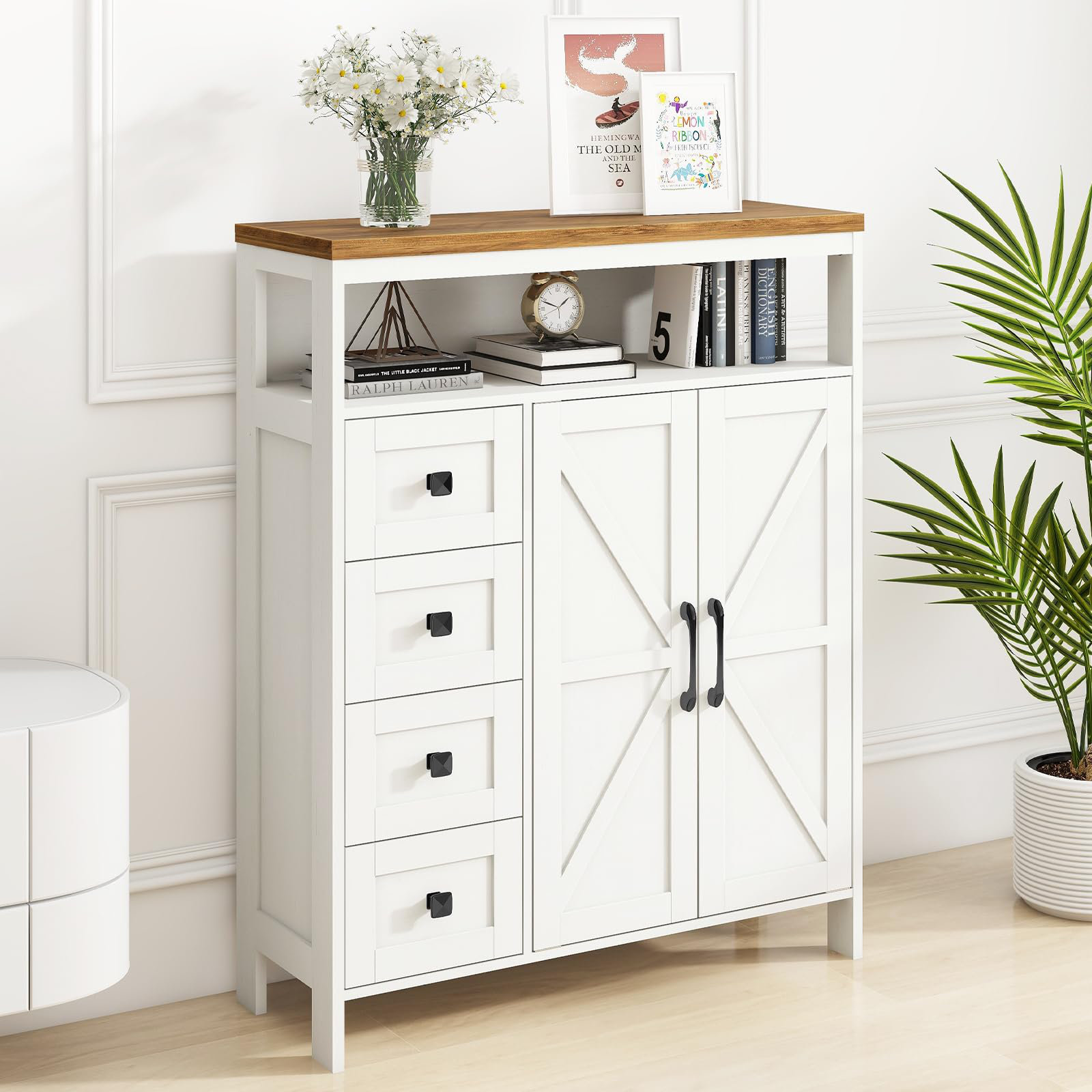 Gracie Oaks Farmhouse Storage Cabinet With 2 Doors And 4 Drawers | Wayfair
