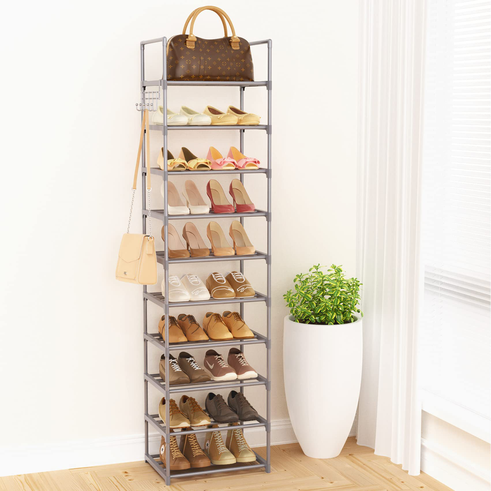 Rebrilliant Tall Narrow Shoe Rack - 10 Tier Metal Storage Organizer For ...