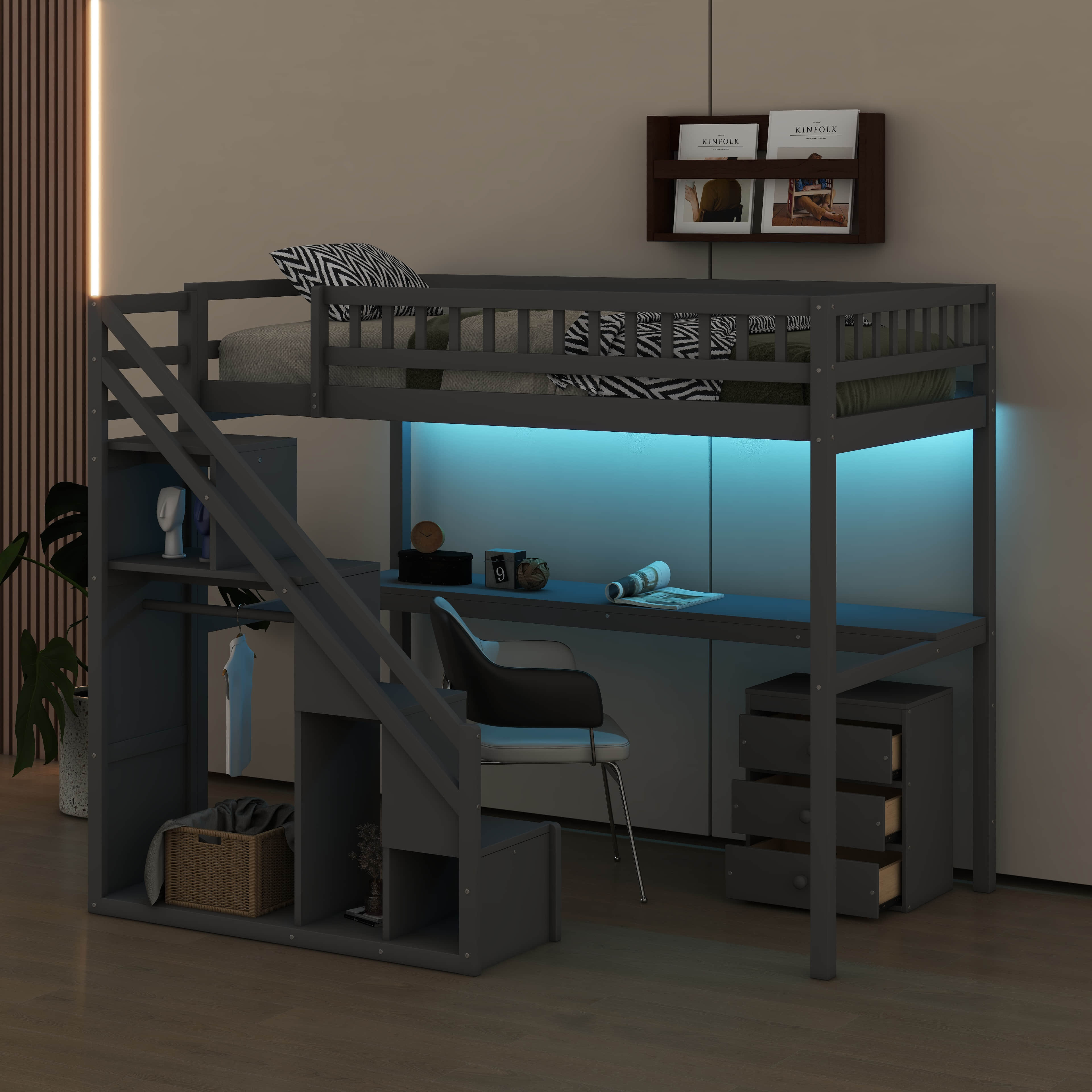 George Oliver Loft Bed With Two Chest Of Drawers, Desk And Light Strip | Wayfair