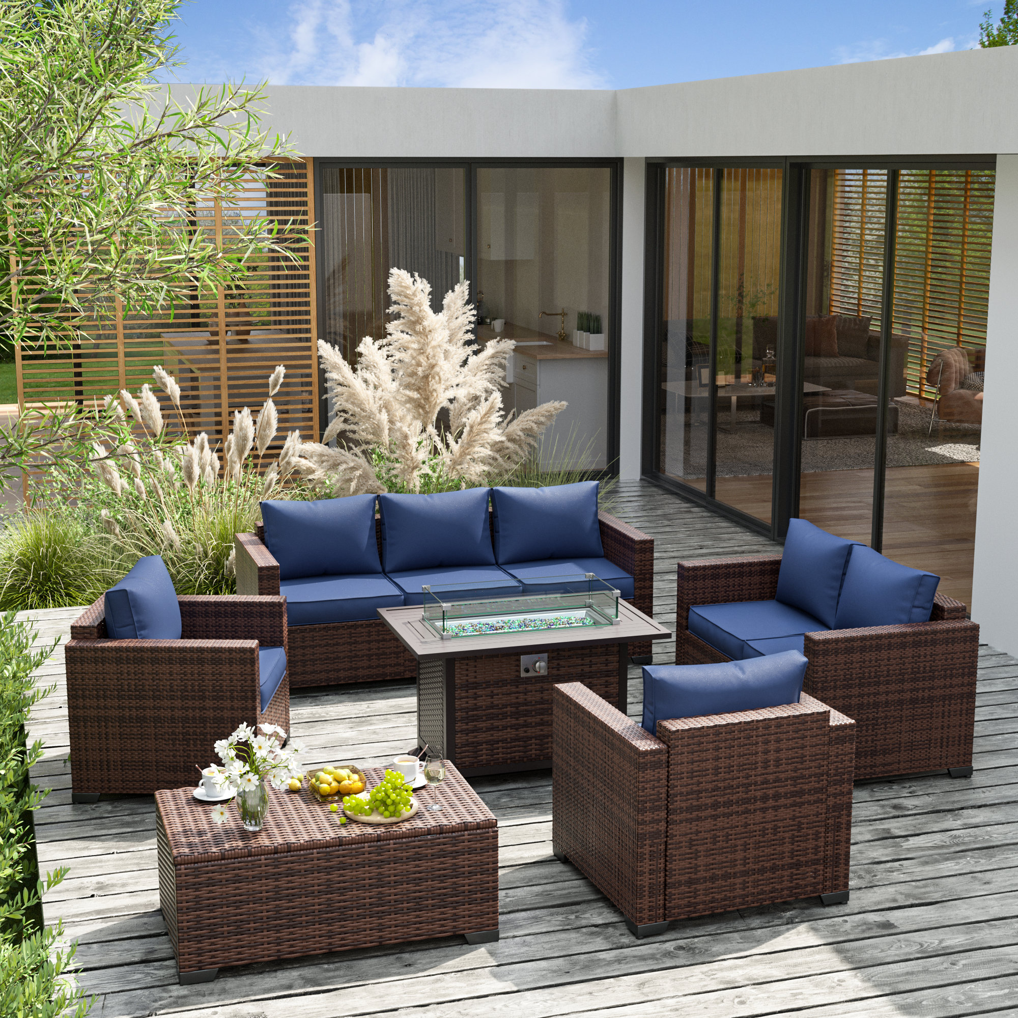 Latitude Run® Azoriah 7 Person Outdoor Seating Group with Fire Pit ...