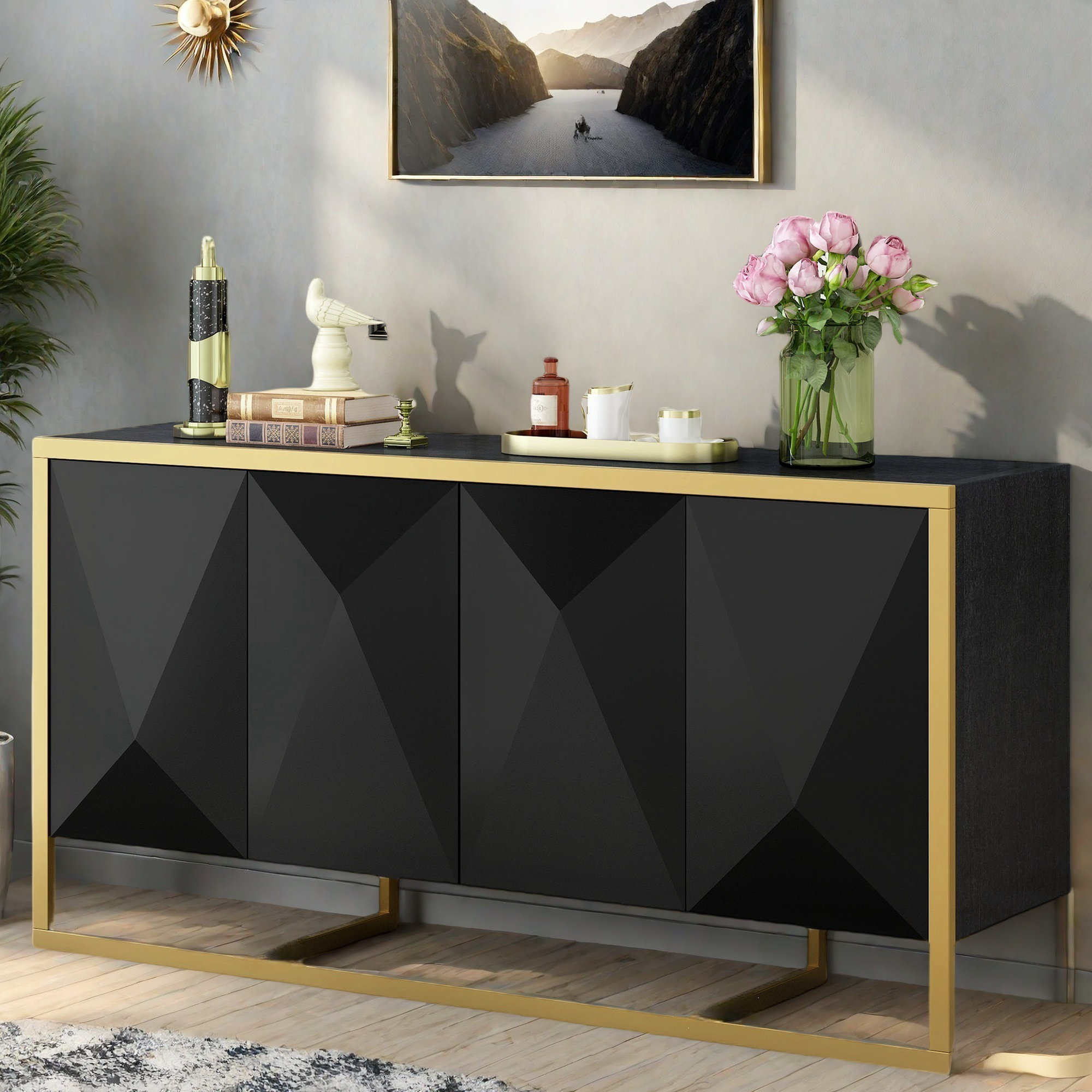 Mercer41 Modern Sideboard With Metal Legs And Artistic Irregular Door ...