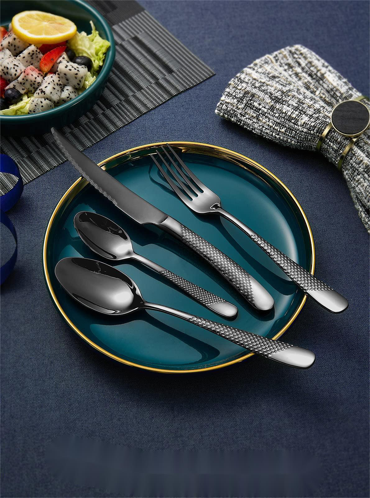 Brayden Studio 16-Piece ?Modern Black Hammered Silverware Set With ...