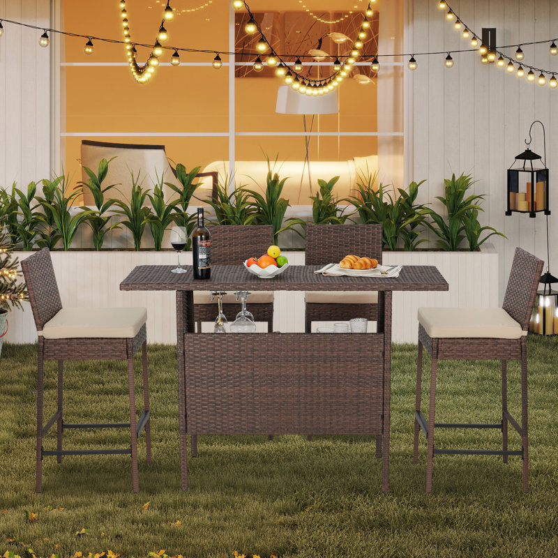 Arlmont & Co. Wicker Bar Set with 4 Stools & Outdoor Bar Table ...