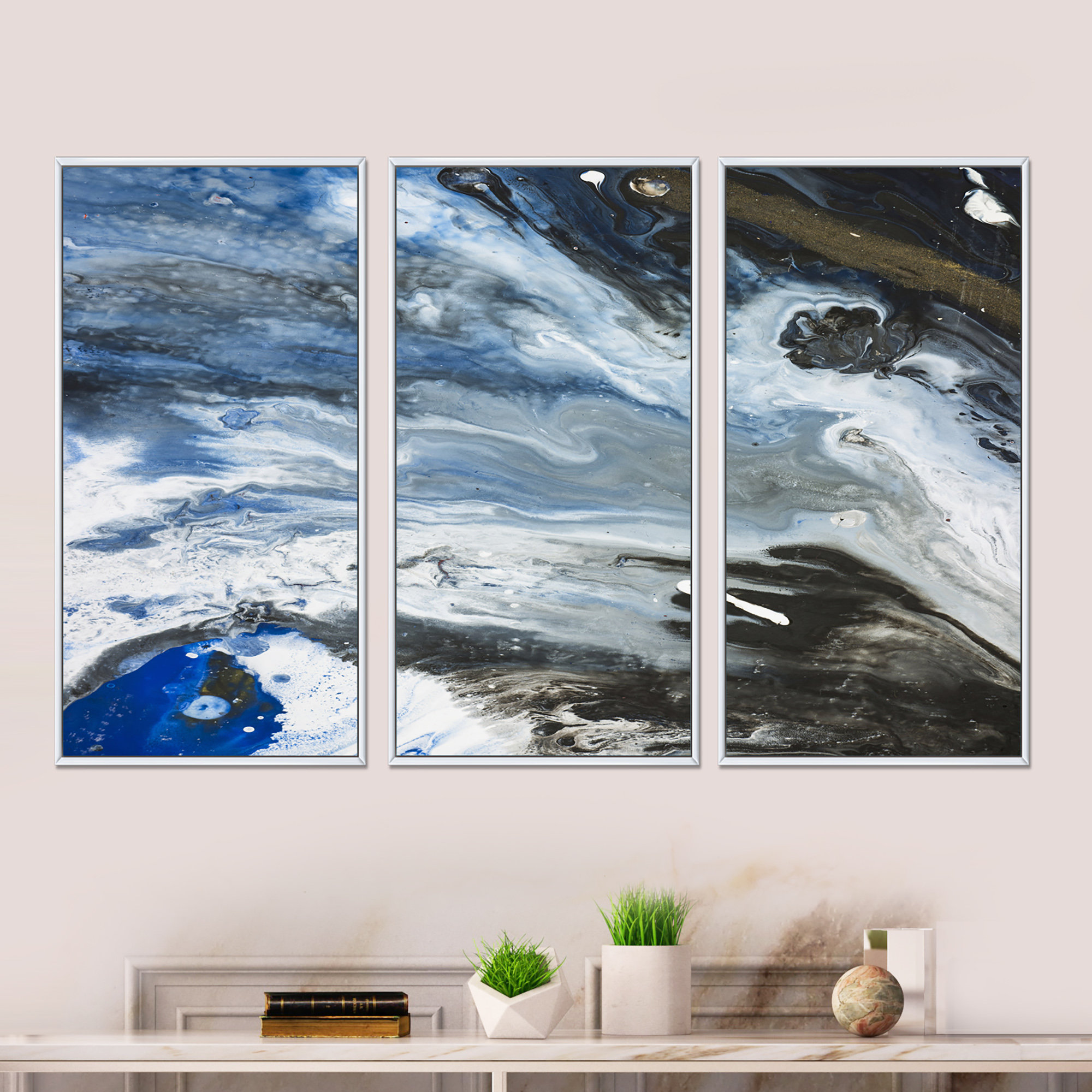Wrought Studio™ Black White And Blue Liquid Marble Art Uinivers ...