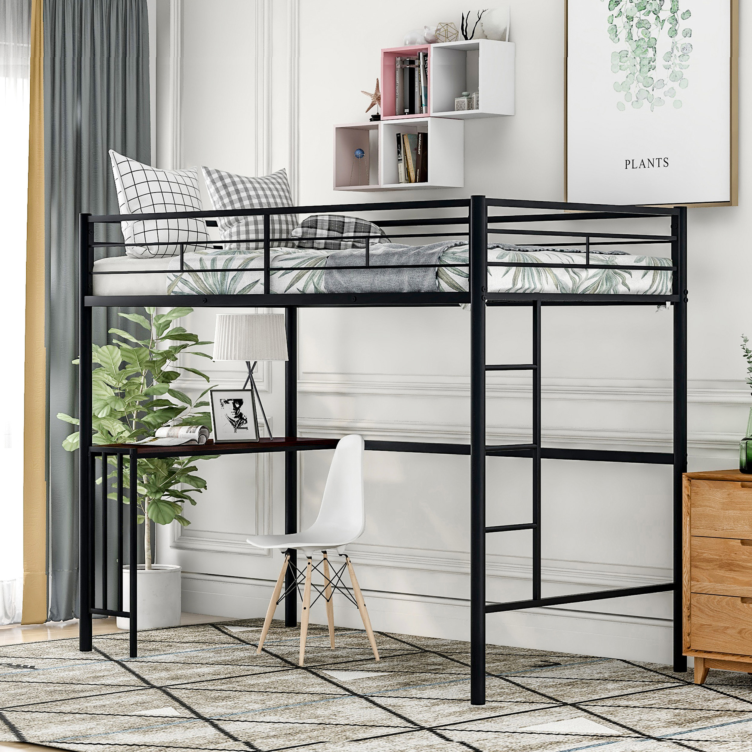 Ebern Designs Practical Metal Loft Bed With Integrated Desk, Ladder ...