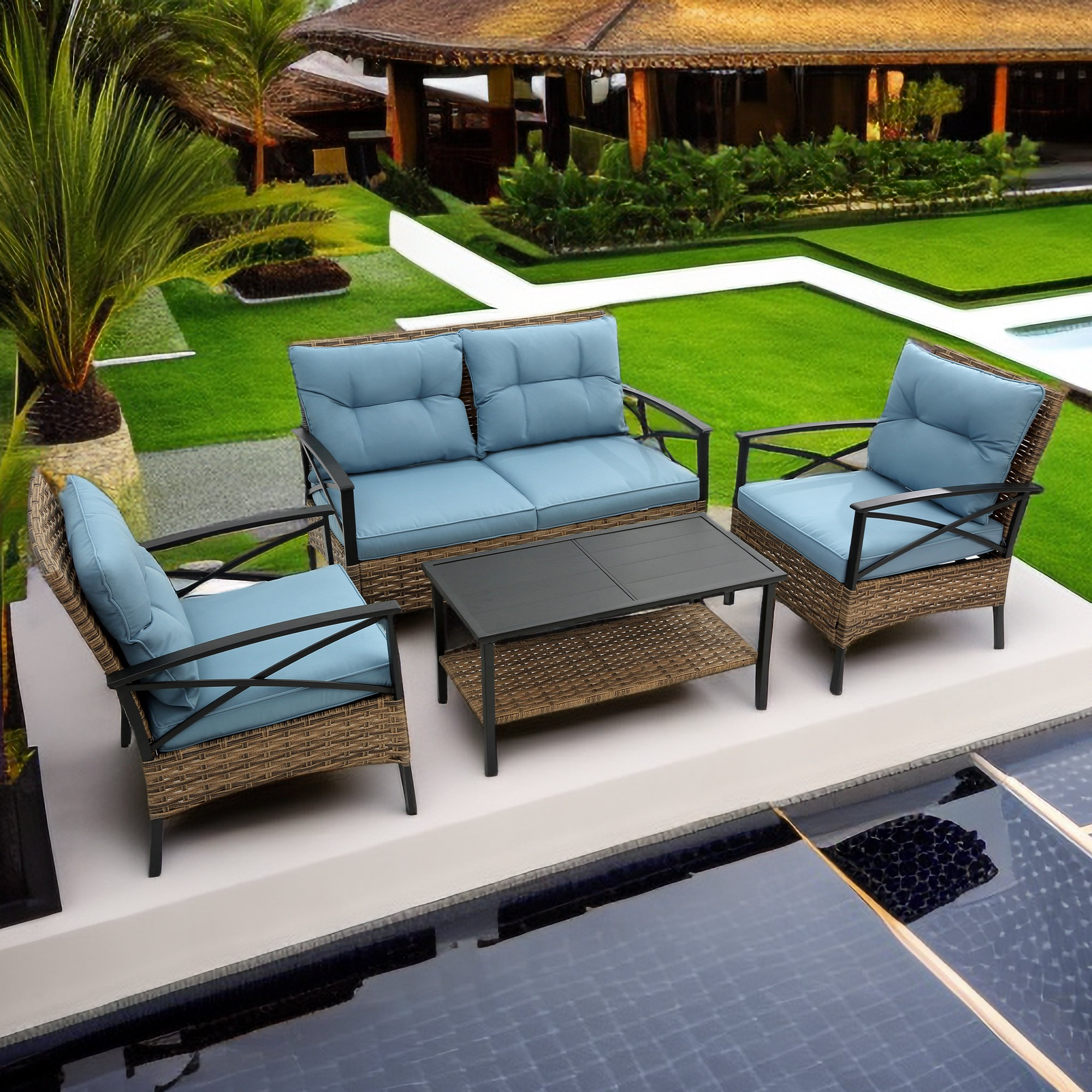 Bay Isle Home™ Patio 4 Piece Sectional Low Dining Conversation Sofa Set ...