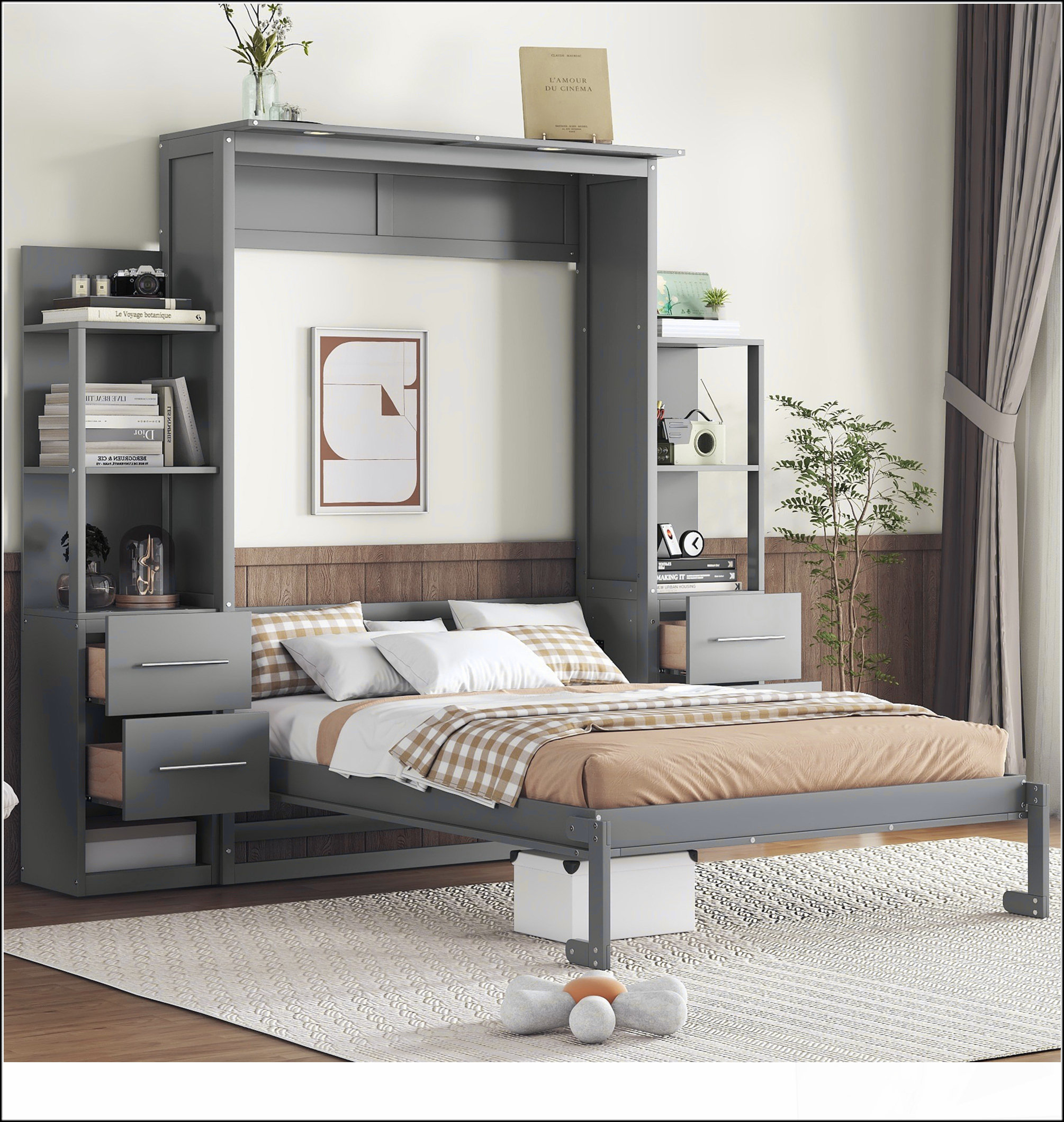 Orren Ellis Murphy Bed Wall Bed With Shelves, Drawers And LED Lights | Wayfair