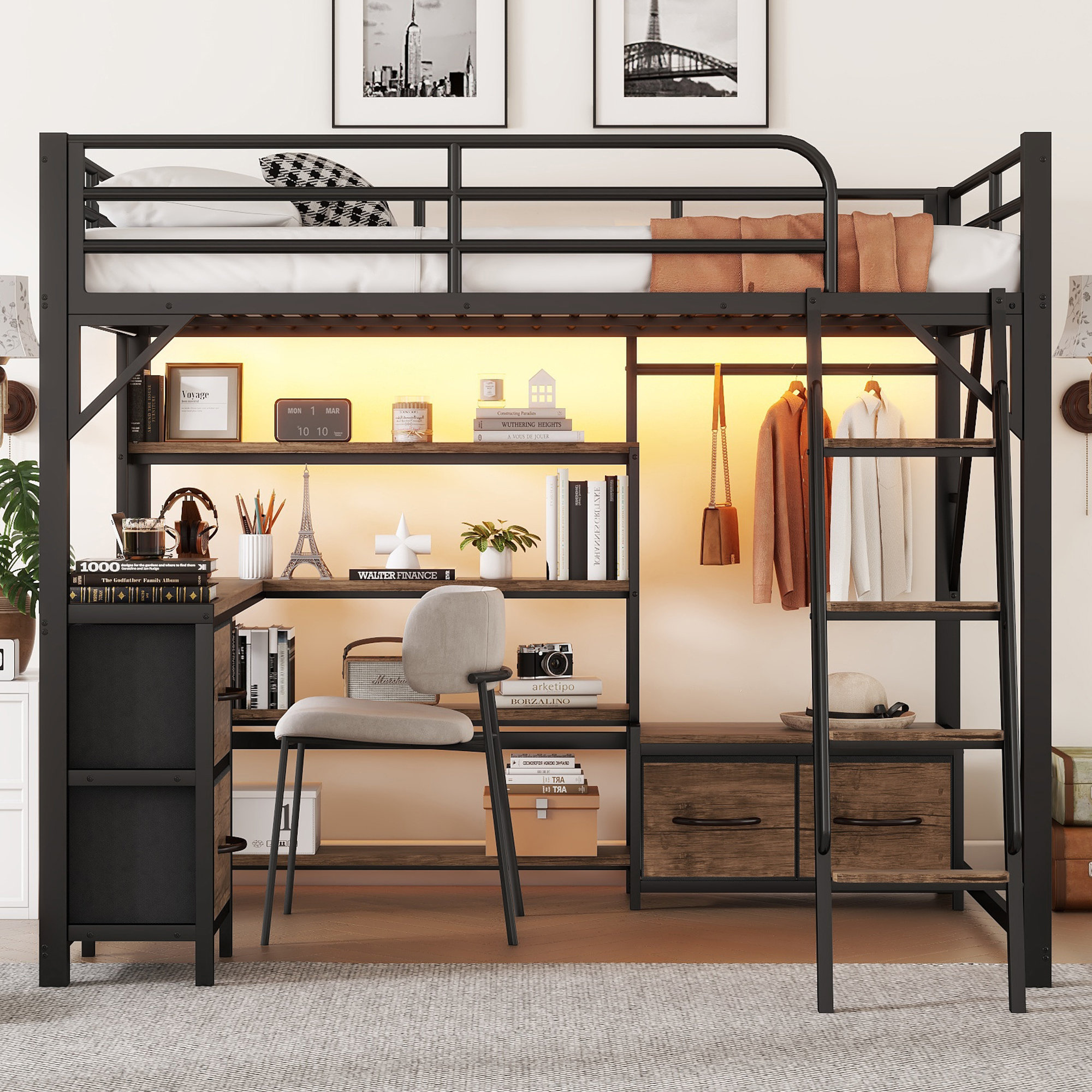 Harriet Bee Zarae Loft Bed Set With Desk, Storage Shelves, Wardrobe ...