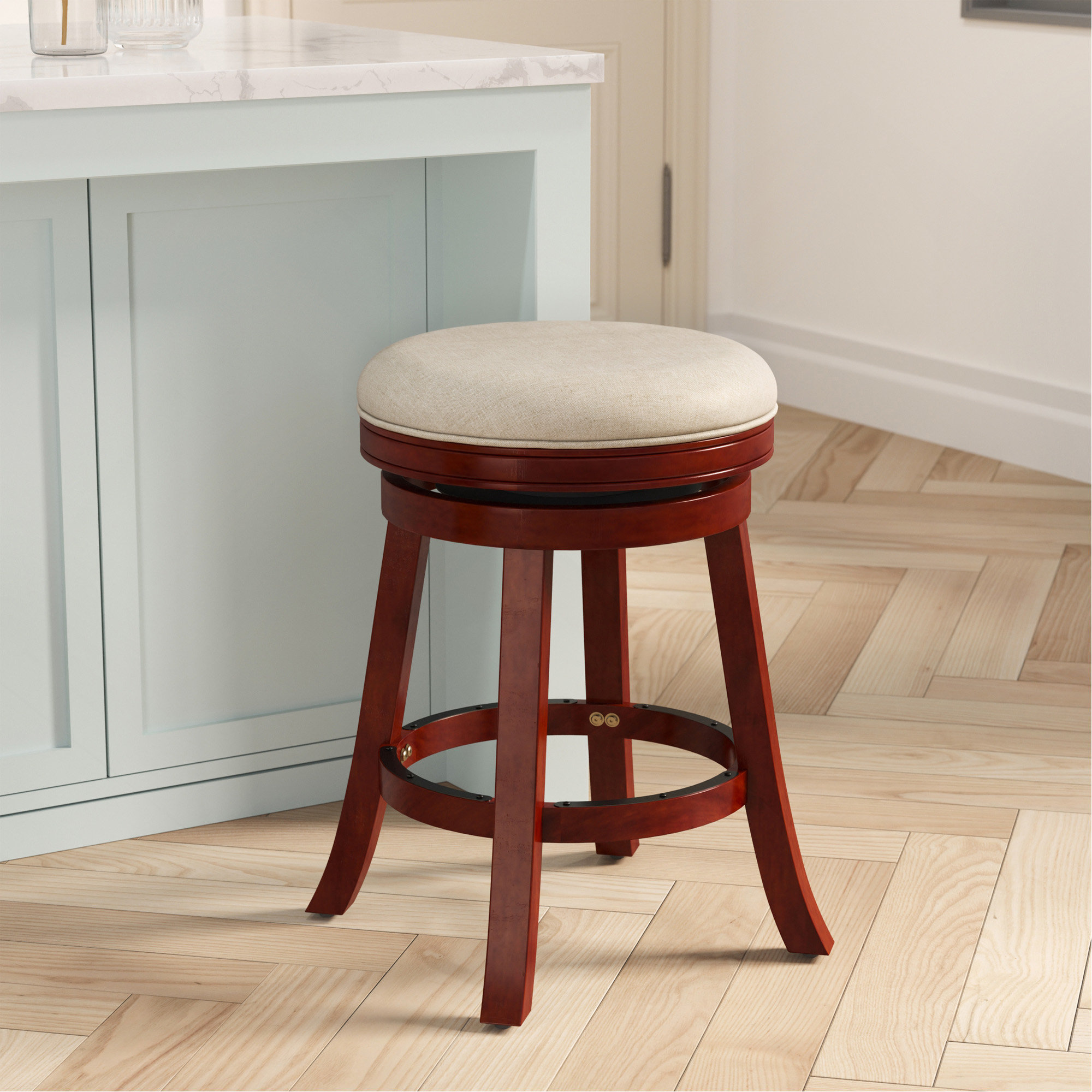 Alcott Hill® 24" Counter Stool, Cherry Finish, Beige Fabric Seat | Wayfair