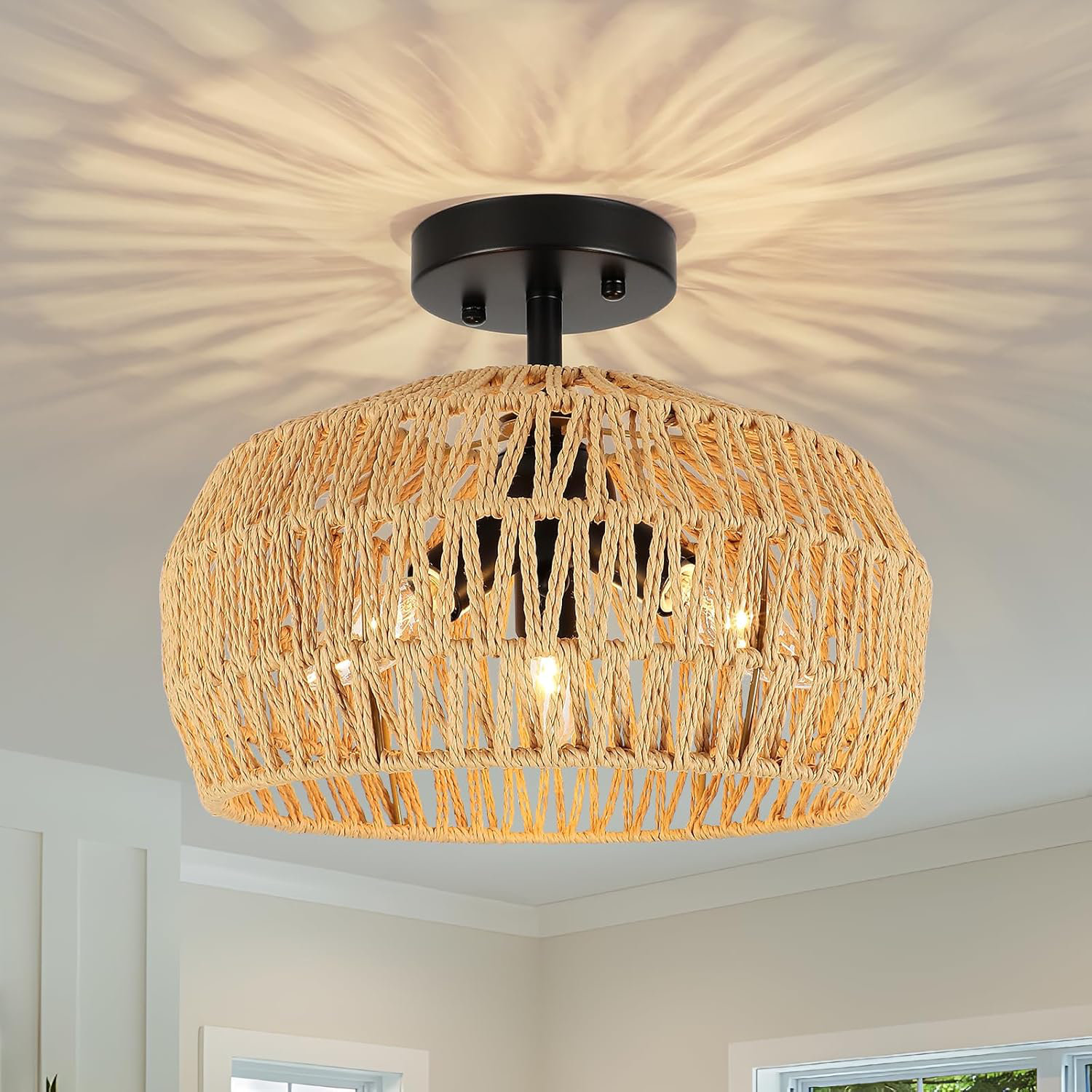Bay Isle Home™ Boho Rattan Ceiling Light Fixture, Semi Flush Mount ...
