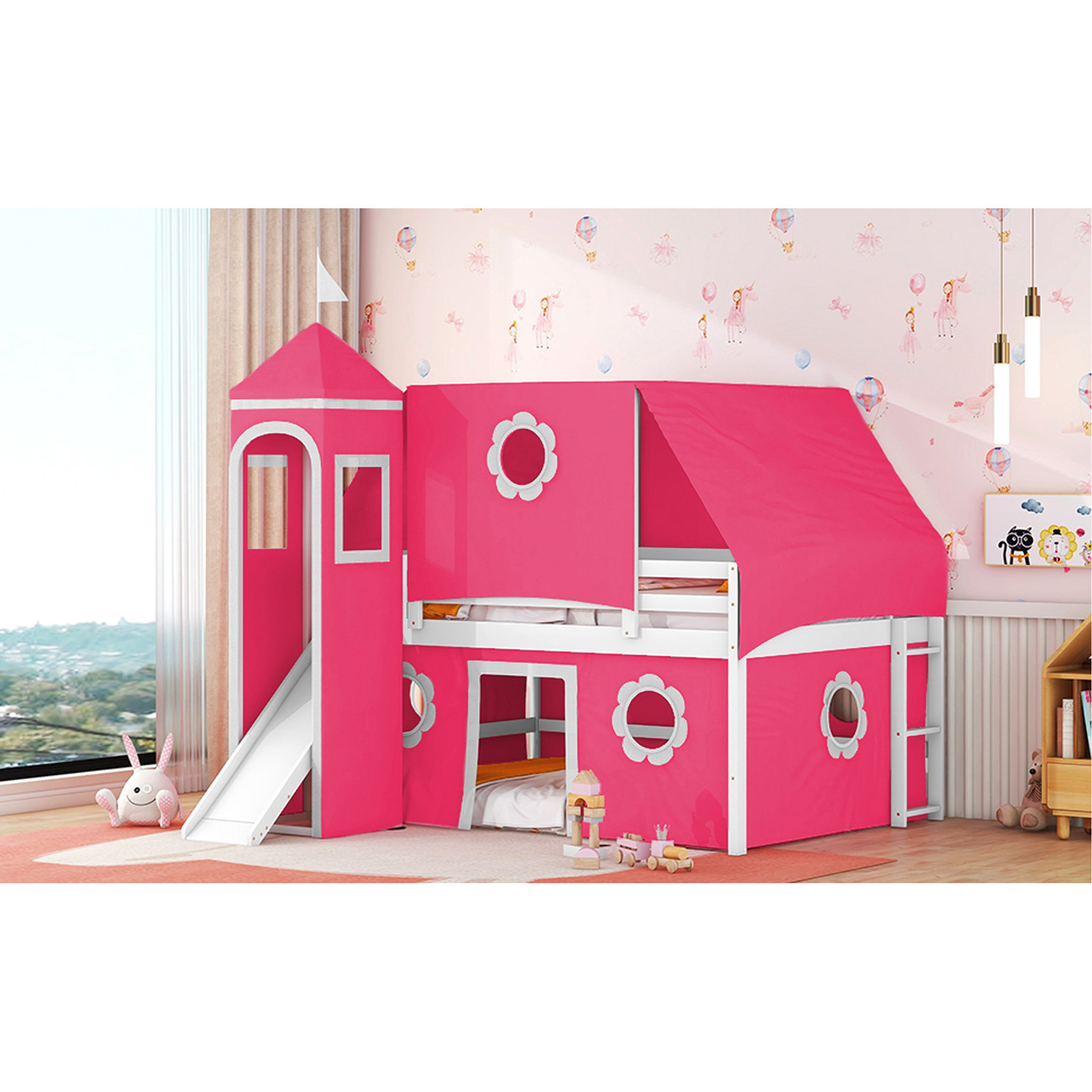 Ivy Bronx Loft Bed With Slide Pink Tent And Tower - Wayfair Canada