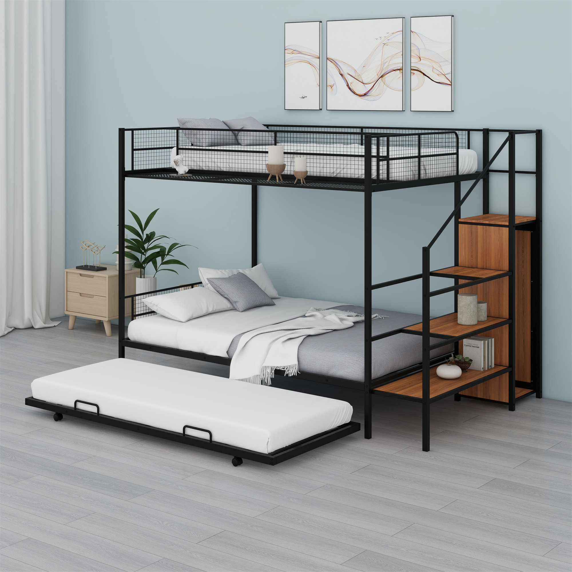 Mason & Marbles Metal Bunk Bed With Trundle And Lateral Storage Ladder ...