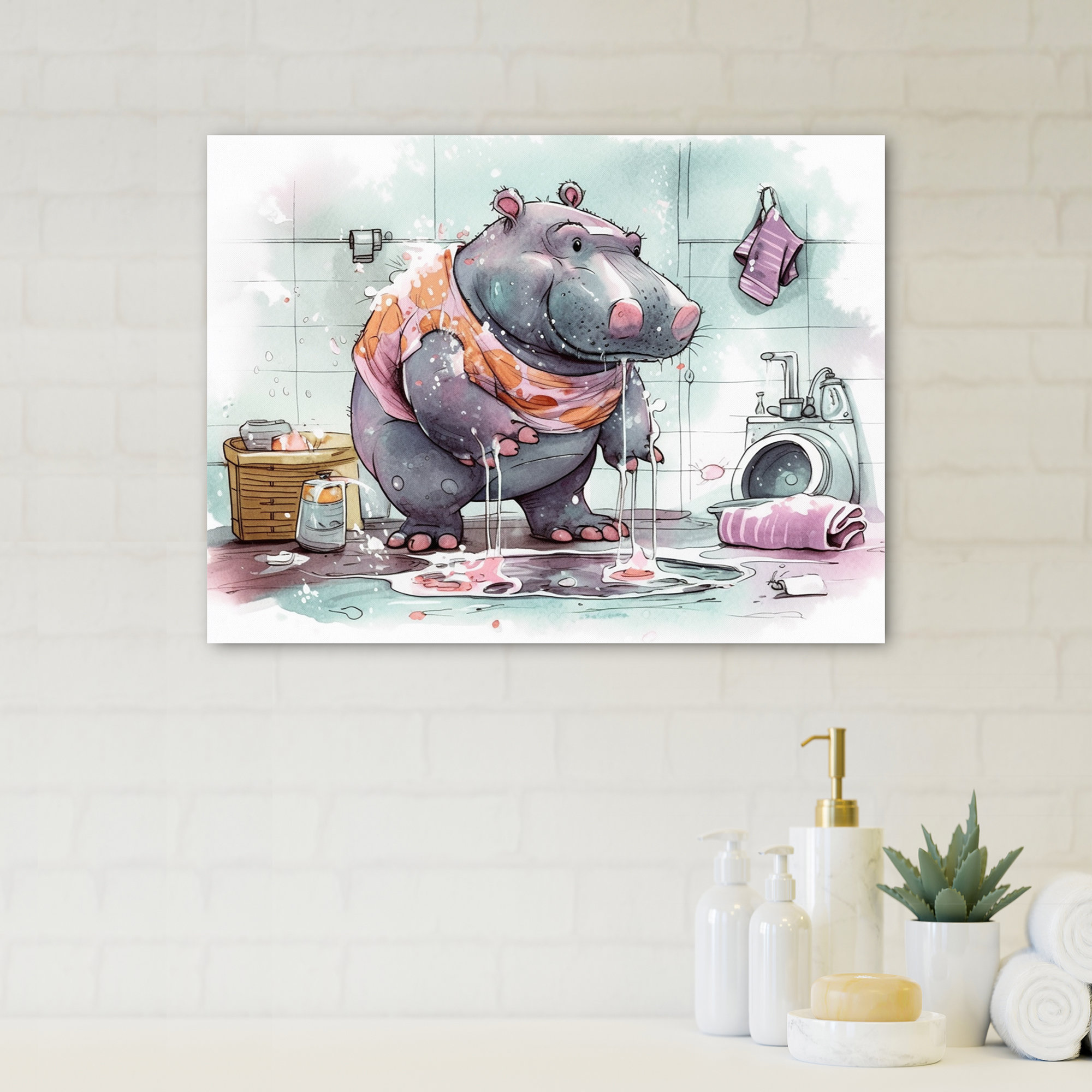 Trinx Gray Hippo in The Bathroom I - Animal Hippo Bathroom Wall Art For ...