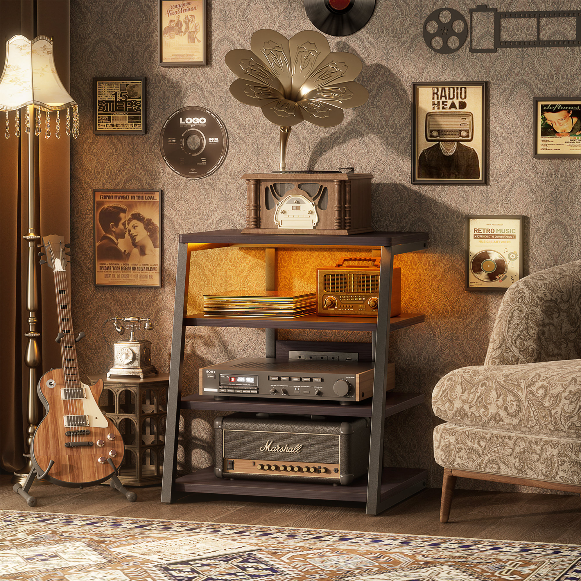 Wrought Studio™ 4-Tier 31"H Record Player Stand With Outlets, Media ...