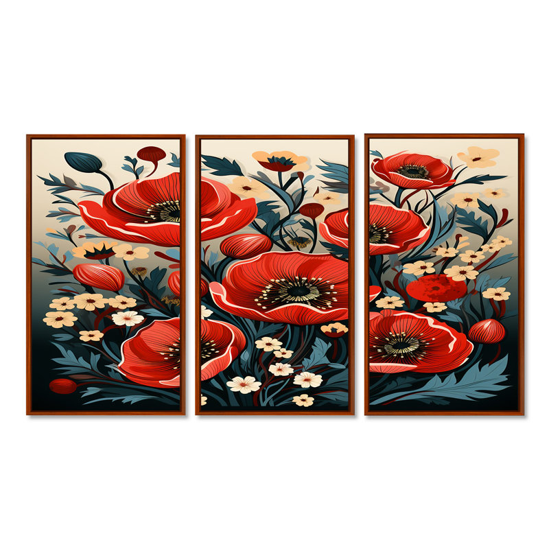 Design Art Red Poppies In The Meadow Retro Illustration - Poppy Wall ...