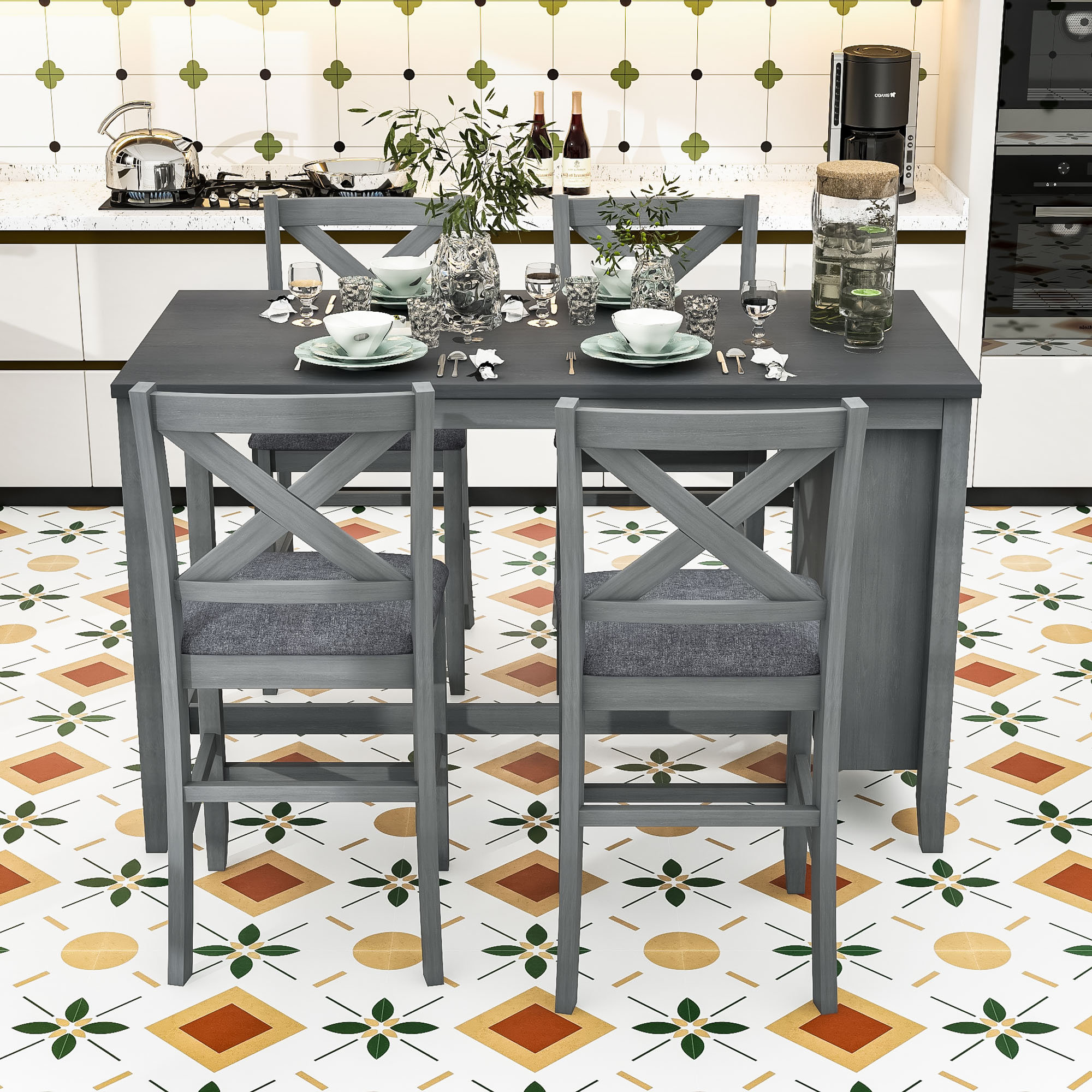 Gracie Oaks 5Pcs Rustic Counter Height Dining Table Set with 4 ...