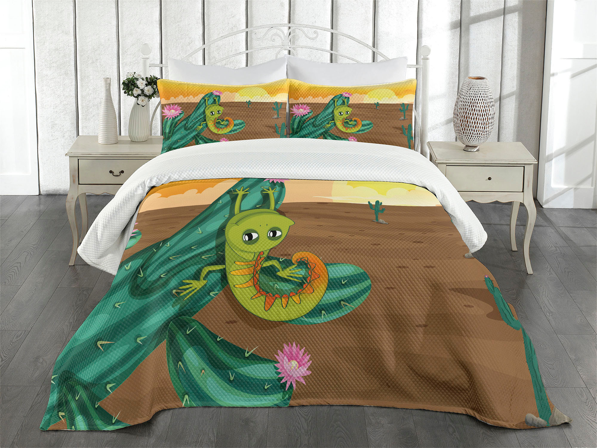 Ambesonne Cactus Bedspread Set Cartoon Desert Landscape Multicolor ...