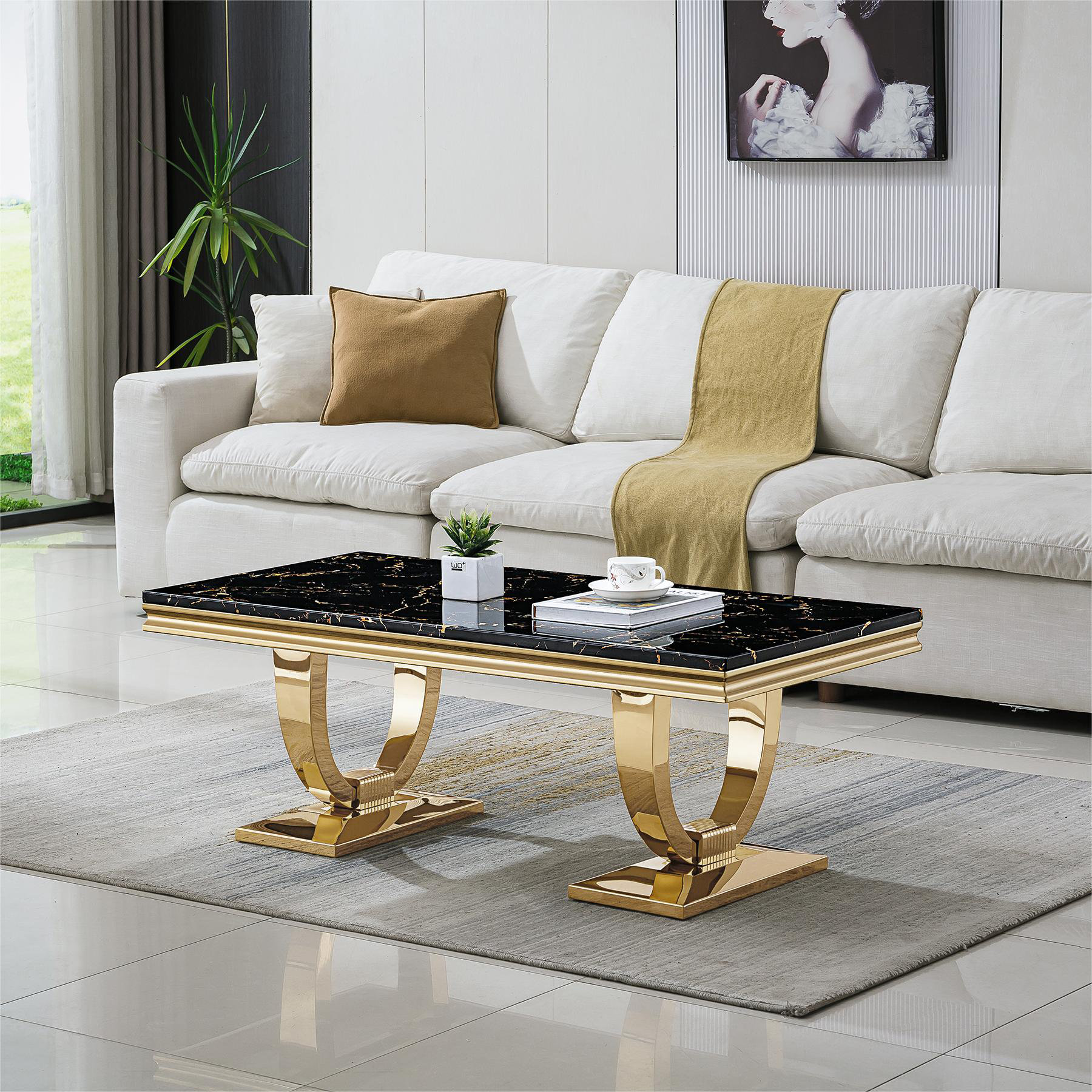 Everly Quinn Rectangle Marble Coffee Table With Stainless Steel Base ...