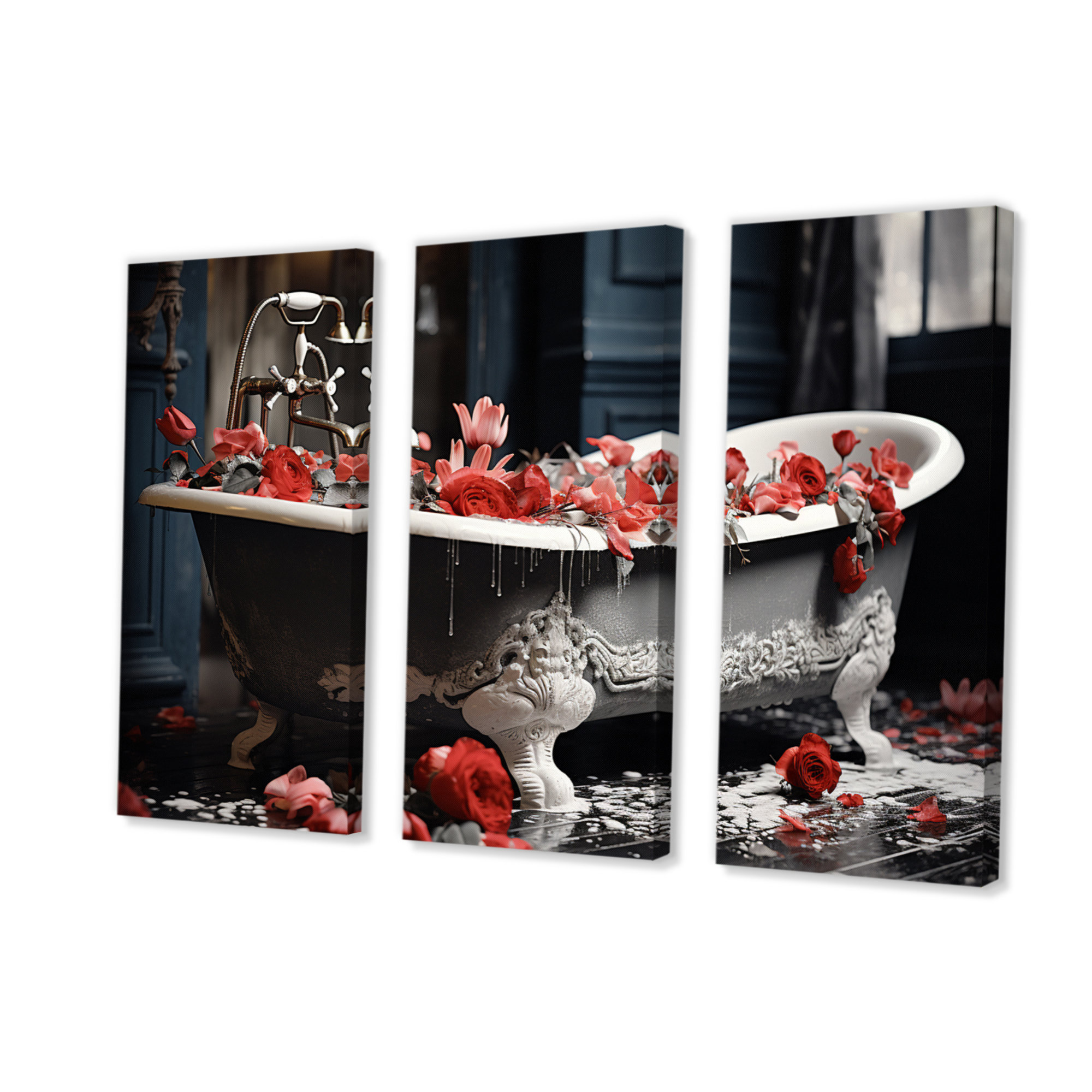 Charlton Home® Red Floral Bath II On Canvas 3 Pieces Print | Wayfair