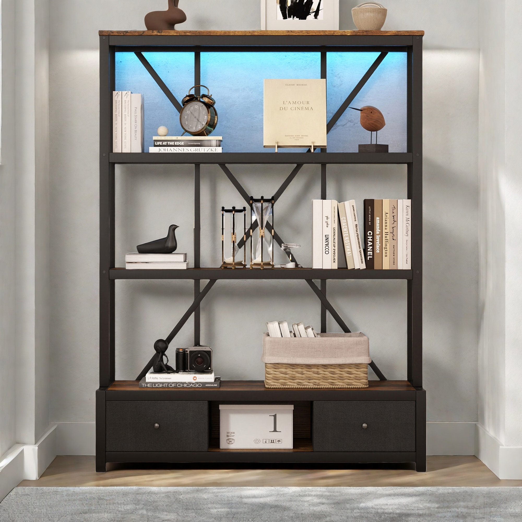 17 Stories 3-shelf Metal Open Bookcase With 2 Drawers And Led - Wayfair ...