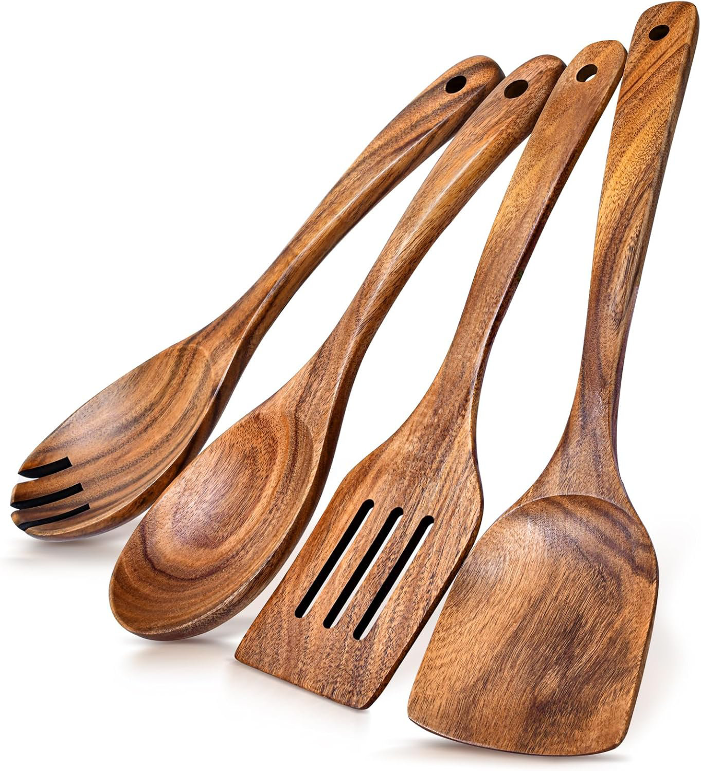 WKING Acacia Wooden Cooking Utensils Set - 4Pcs Nonstick Kitchen Tools ...