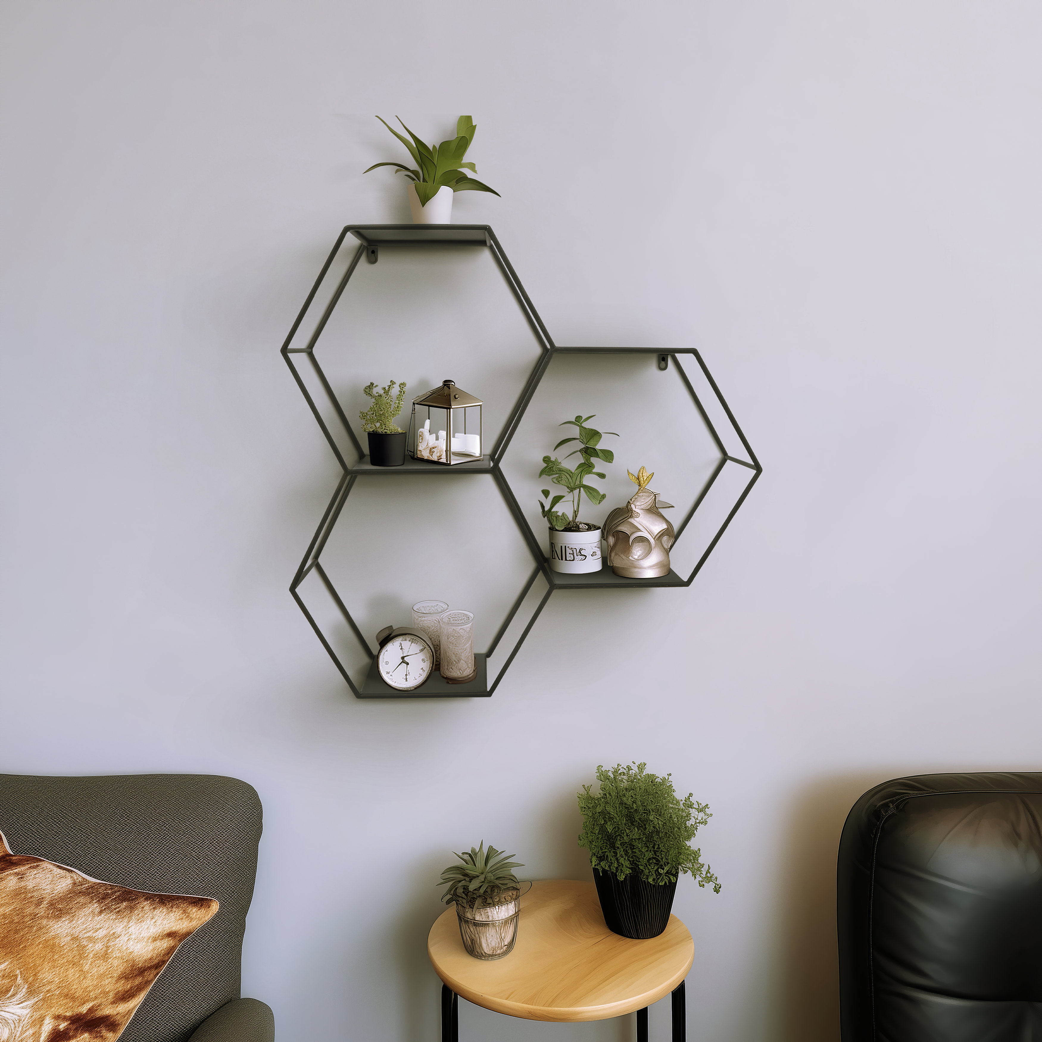 Wade Logan Modern 26" Hexagon Mounted Wall Shelf Black Iron Hexagonal ...