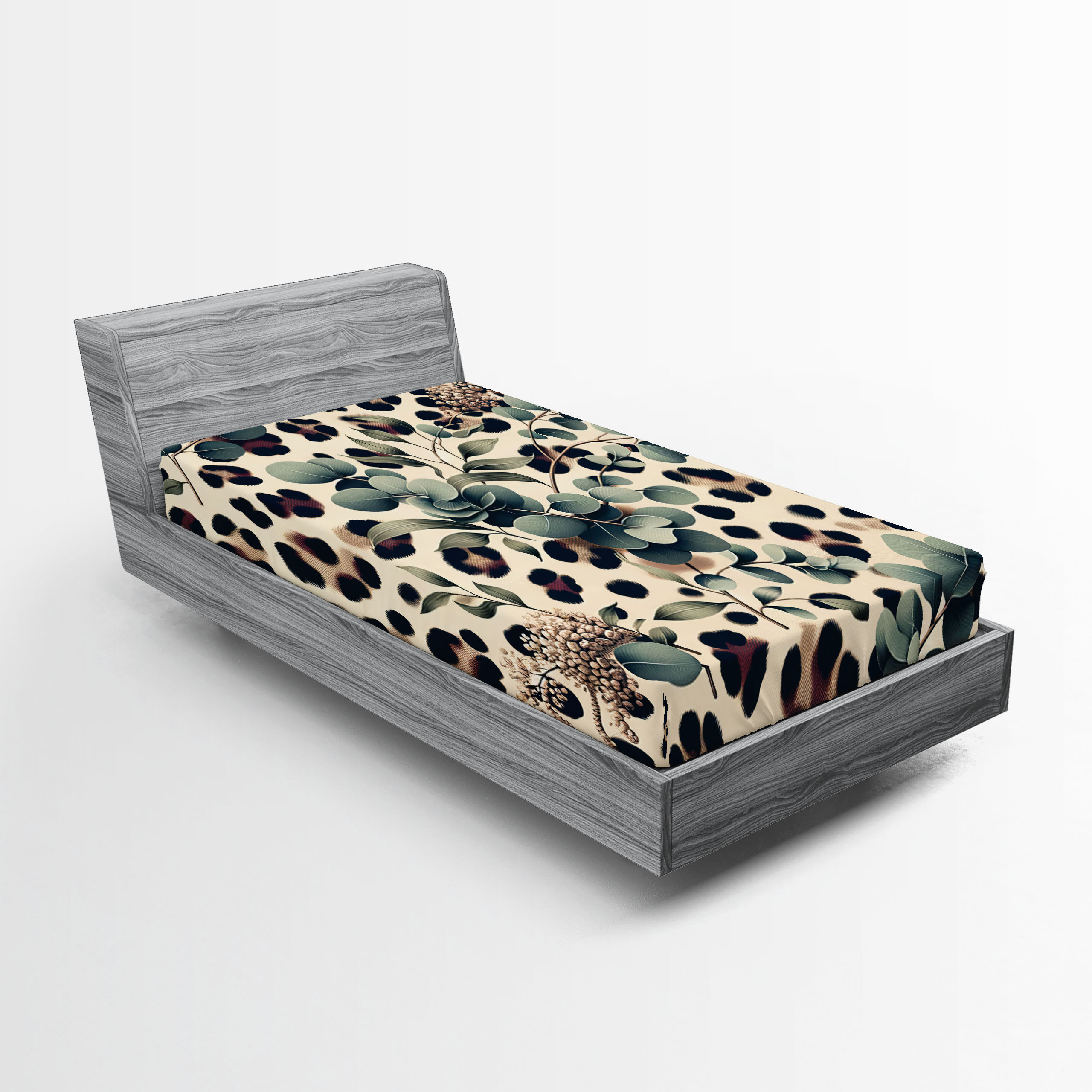 Ambesonne Leopard Print Fitted Sheet_ Bold Eucalyptus Leaf_ Camel and ...