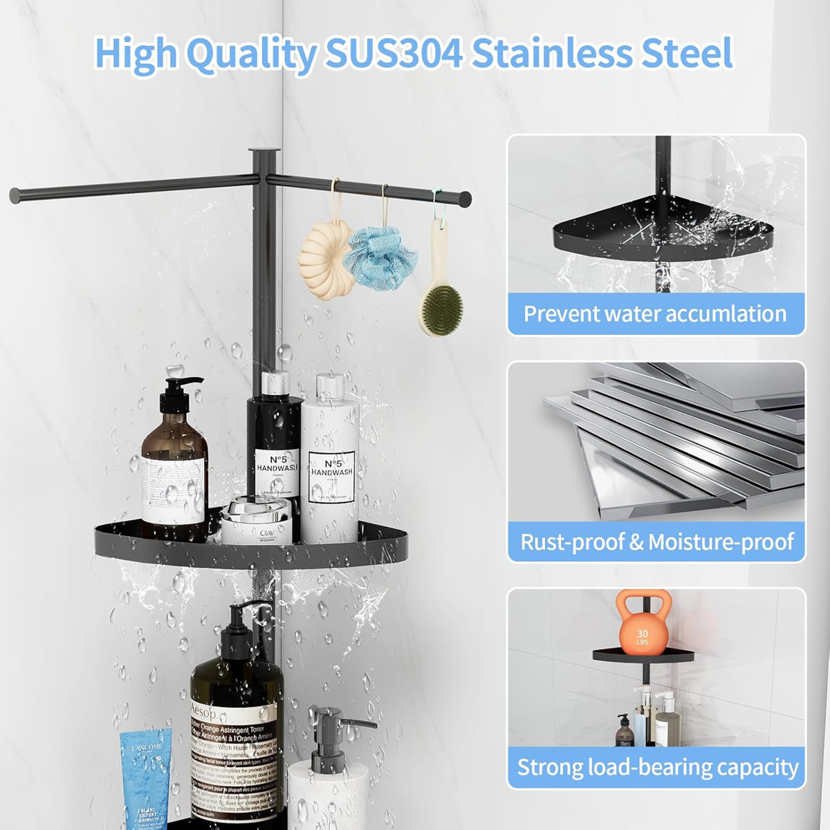 Rebrilliant 3 Tier Corner Shower Caddy Floor With Towel Bar, Bathroom ...