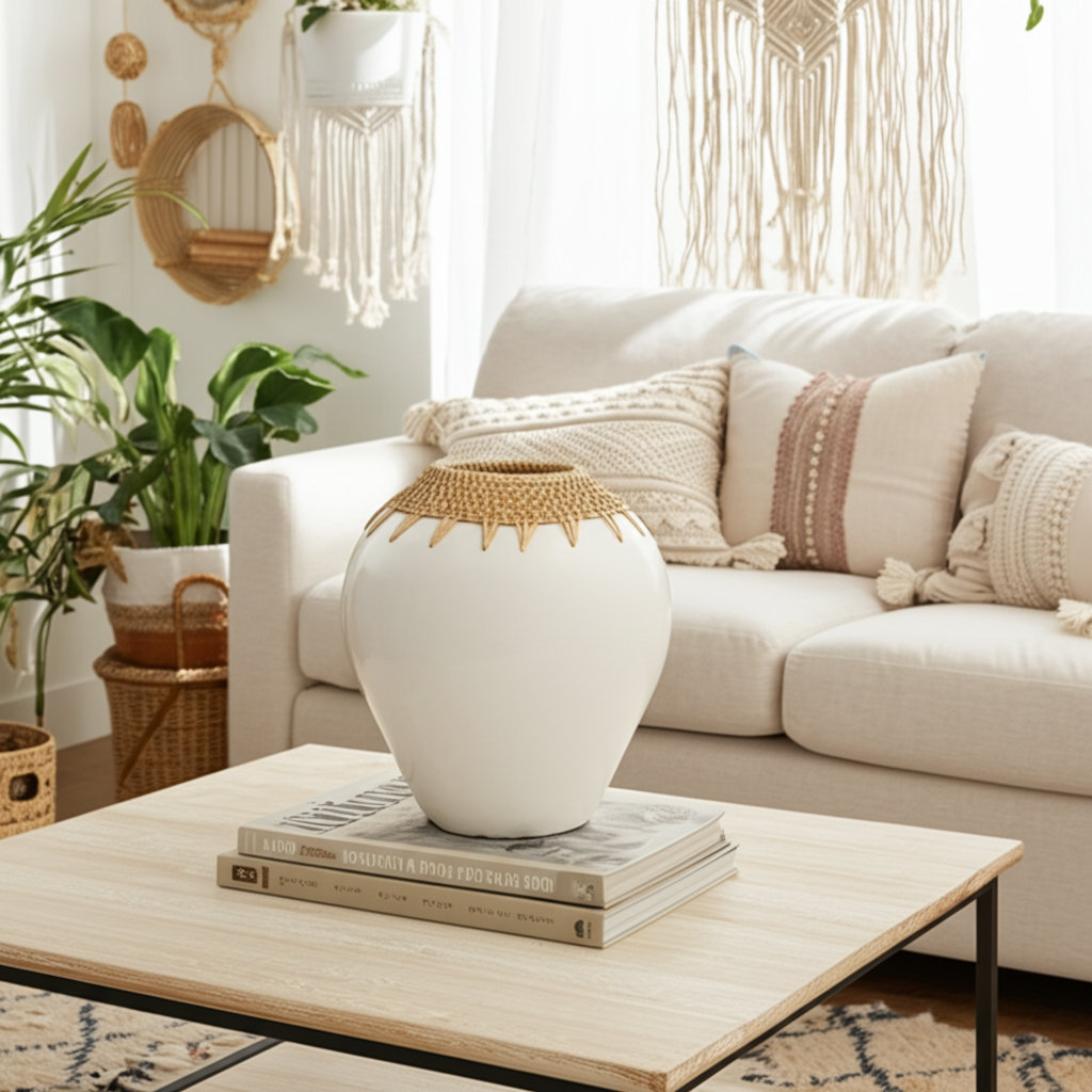 Dakota Fields Frankee Vase Pottery Terracotta Woven Rattan Neck 10 Inch ...