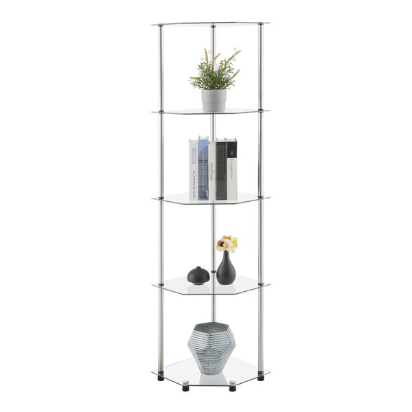 Ebern Designs Beckett 13.75" W Corner Glass Bookcase with Stainless ...