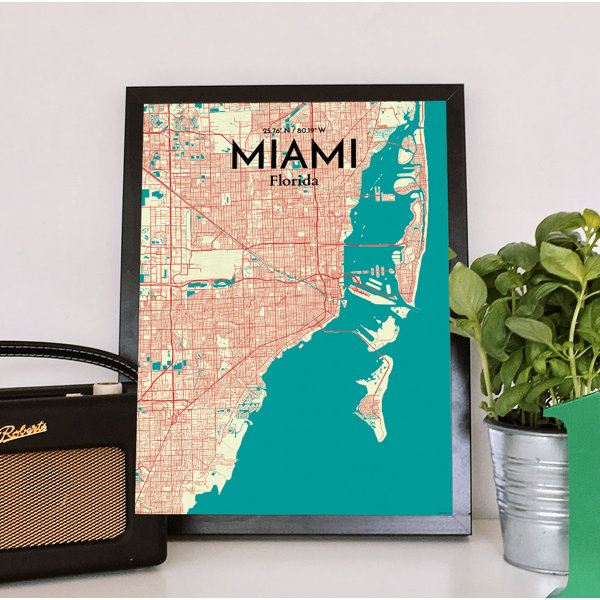 Wrought Studio 'Miami City Map' Graphic Art Print Poster in Tricolor ...