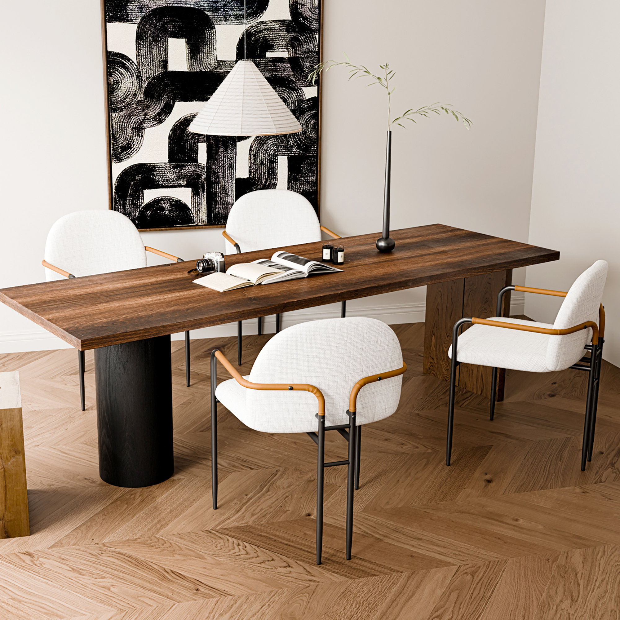 Corrigan Studio® White Linen Dining Chairs with Curved Back & Leather ...